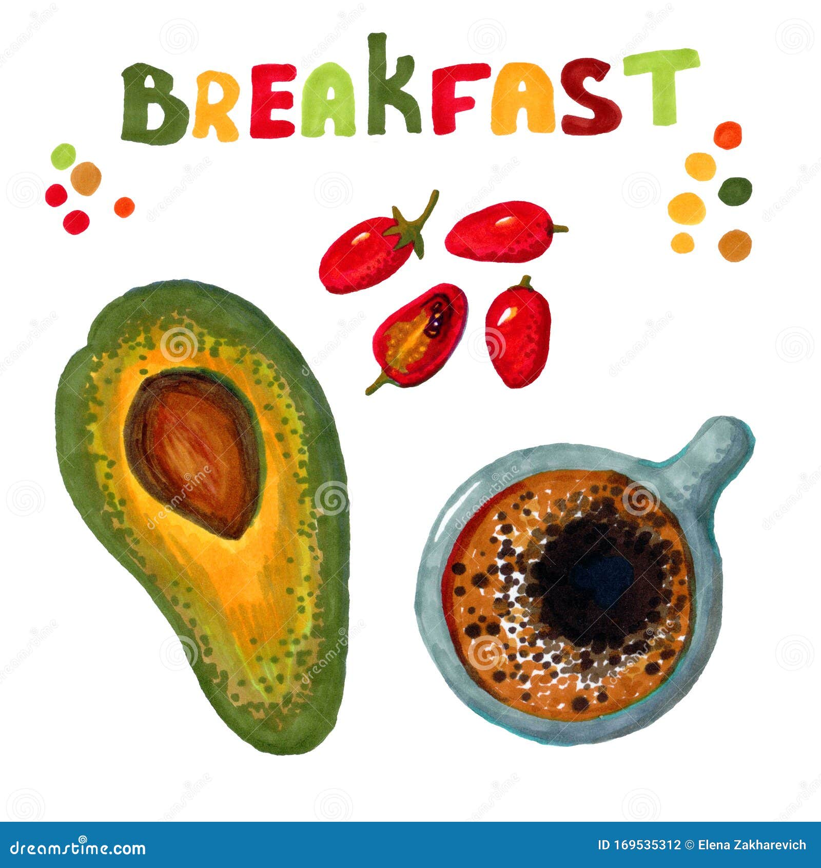 The Word `Breakfast`, Multi-colored Peas, Four Red Cherry Tomatoes, a ...