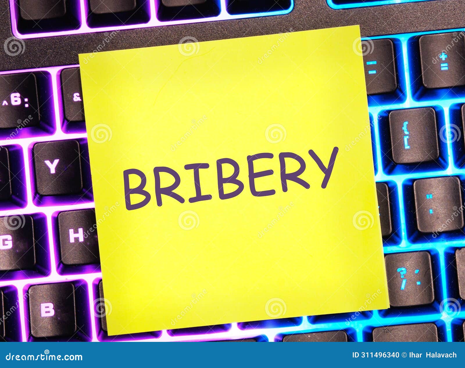 Word BRIBERY Written on a Yellow Sticker on a Colored Backlit Keyboard ...