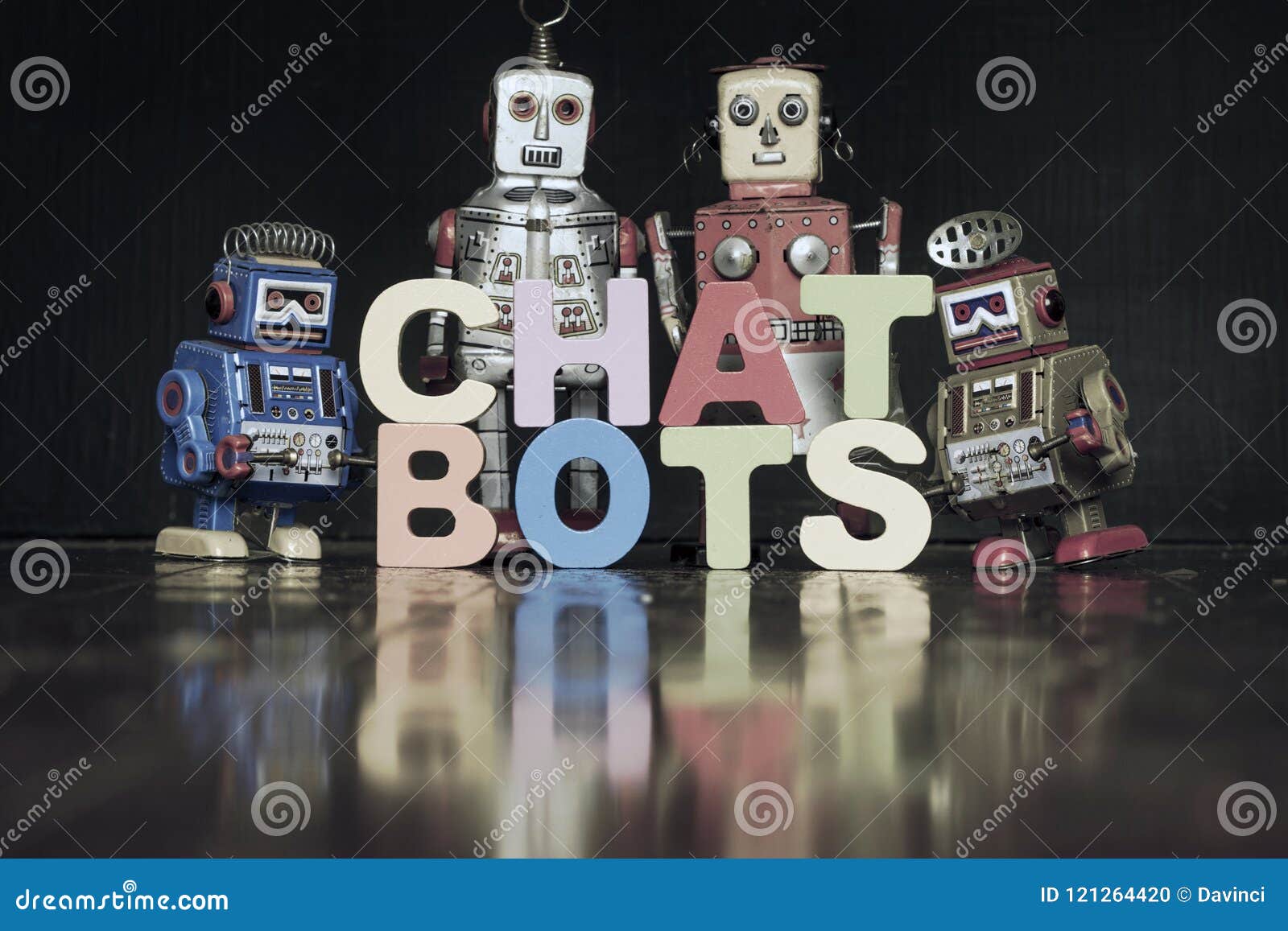 The Word CHAT BOTS with Rtro Robots on a Wooden Floor with Refl Stock ...
