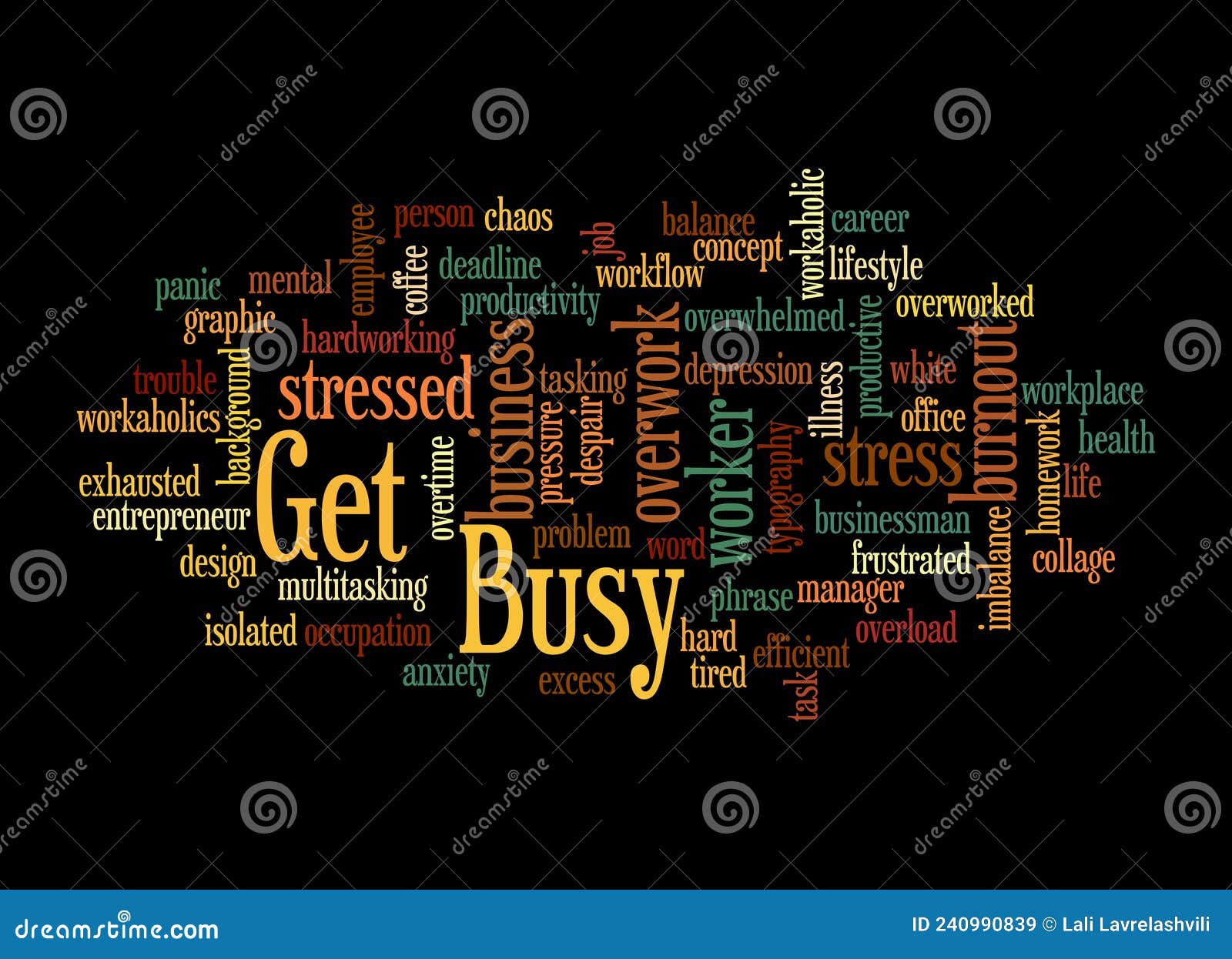 Word Cloud with GET BUSY Concept, Isolated on a Black Background Stock ...