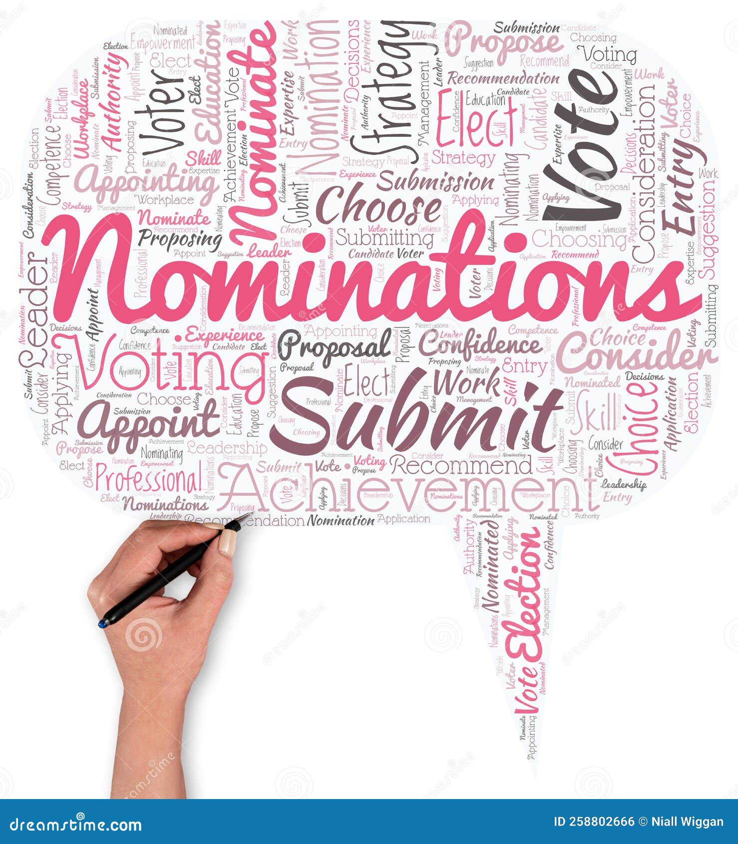 Big Word Cloud in the Shape of Speech Bubble with Hand and Pen with ...