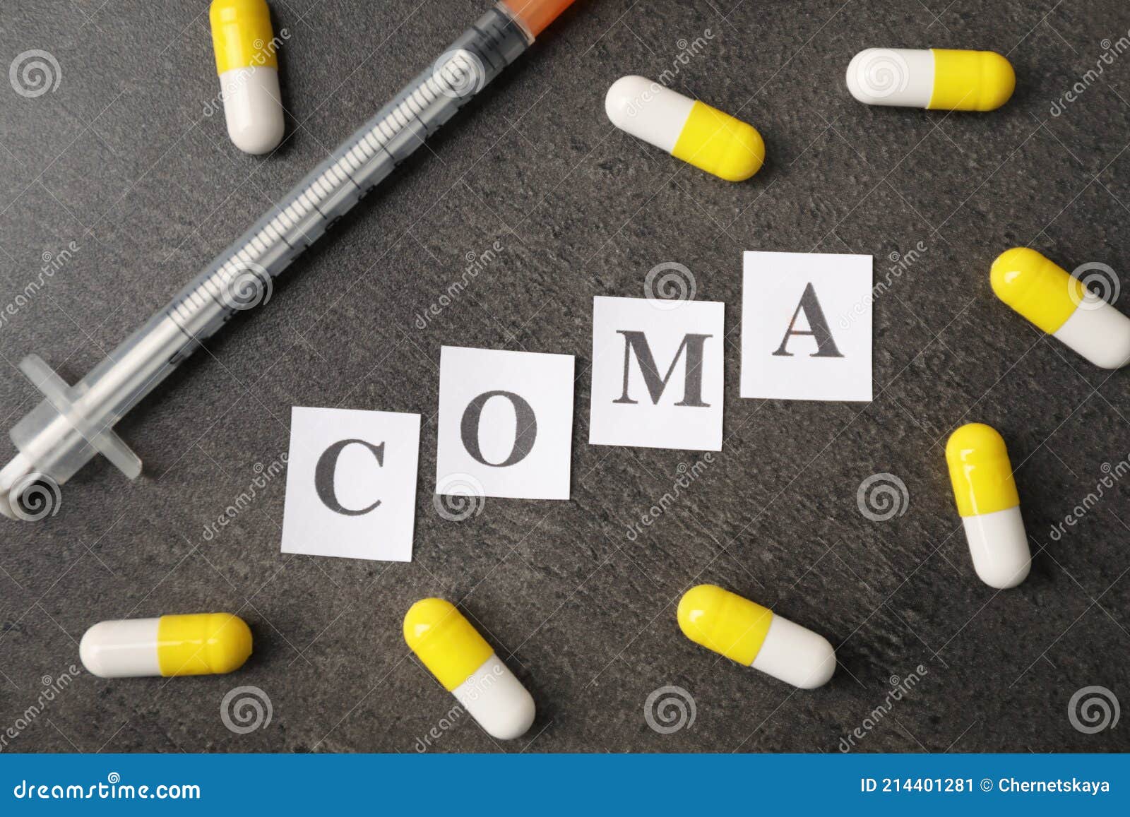 Word Coma Of Letters With Syringe And Pills On Grey Table, Flat Lay ...