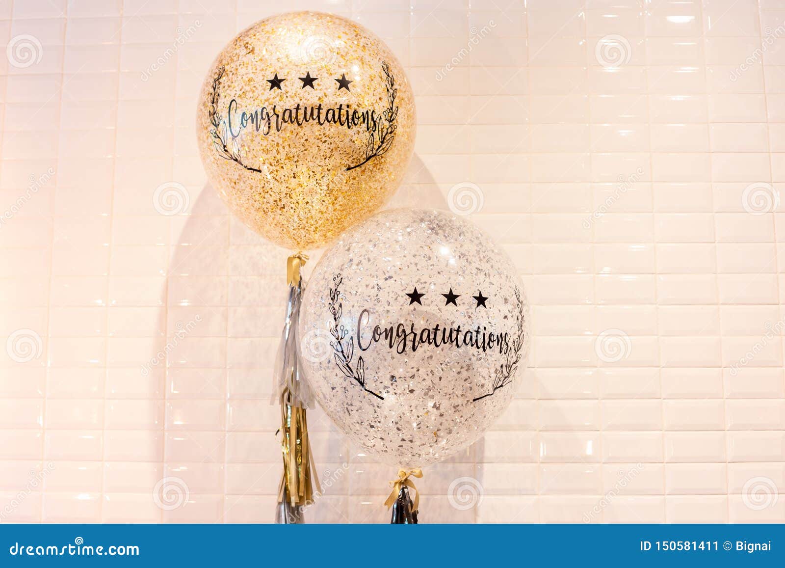 Word Congratulation On Balloons White Tile Wall Background. Royalty ...