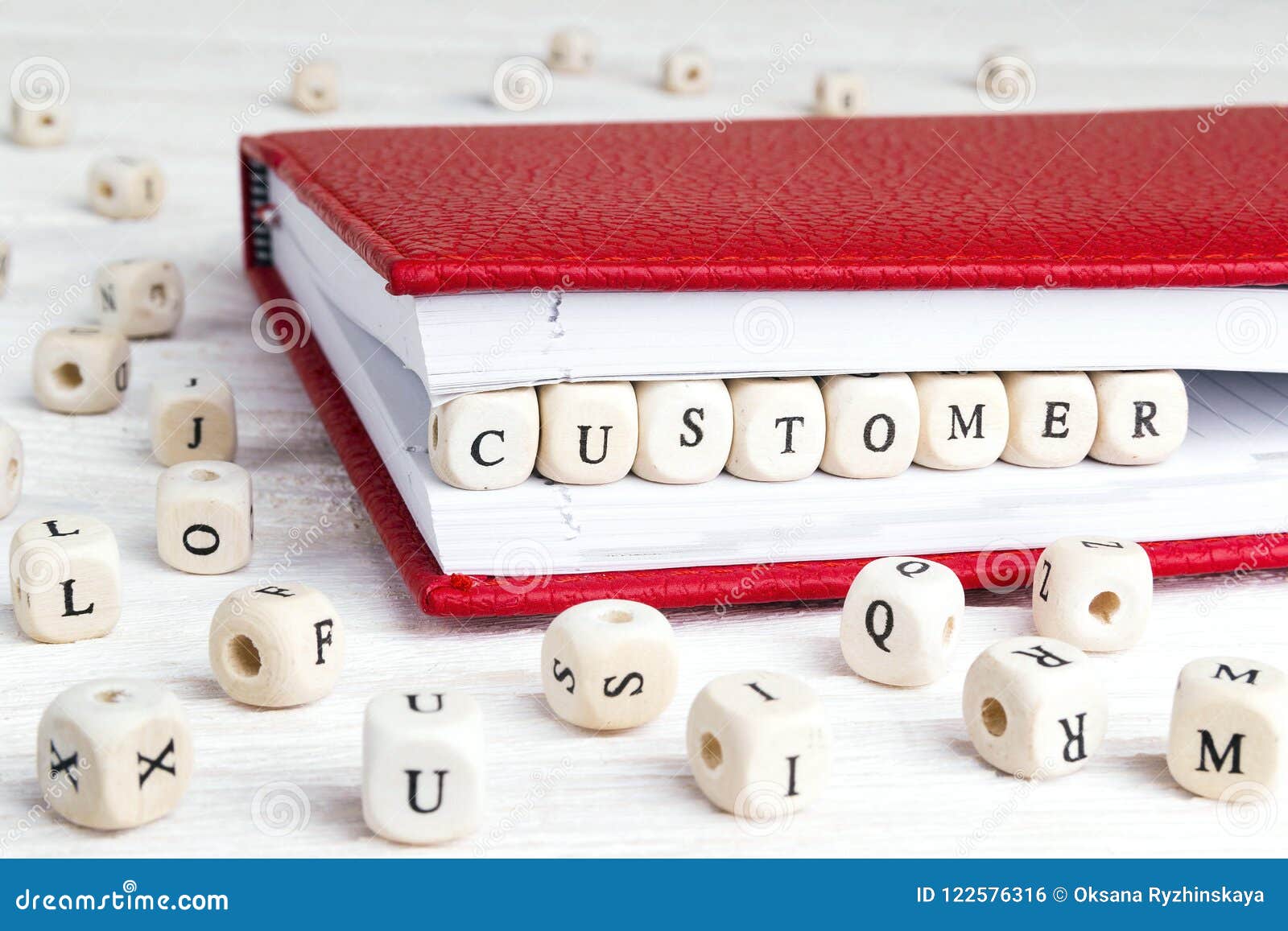 Word Customer Written in Wooden Blocks in Red Notebook on White Stock ...