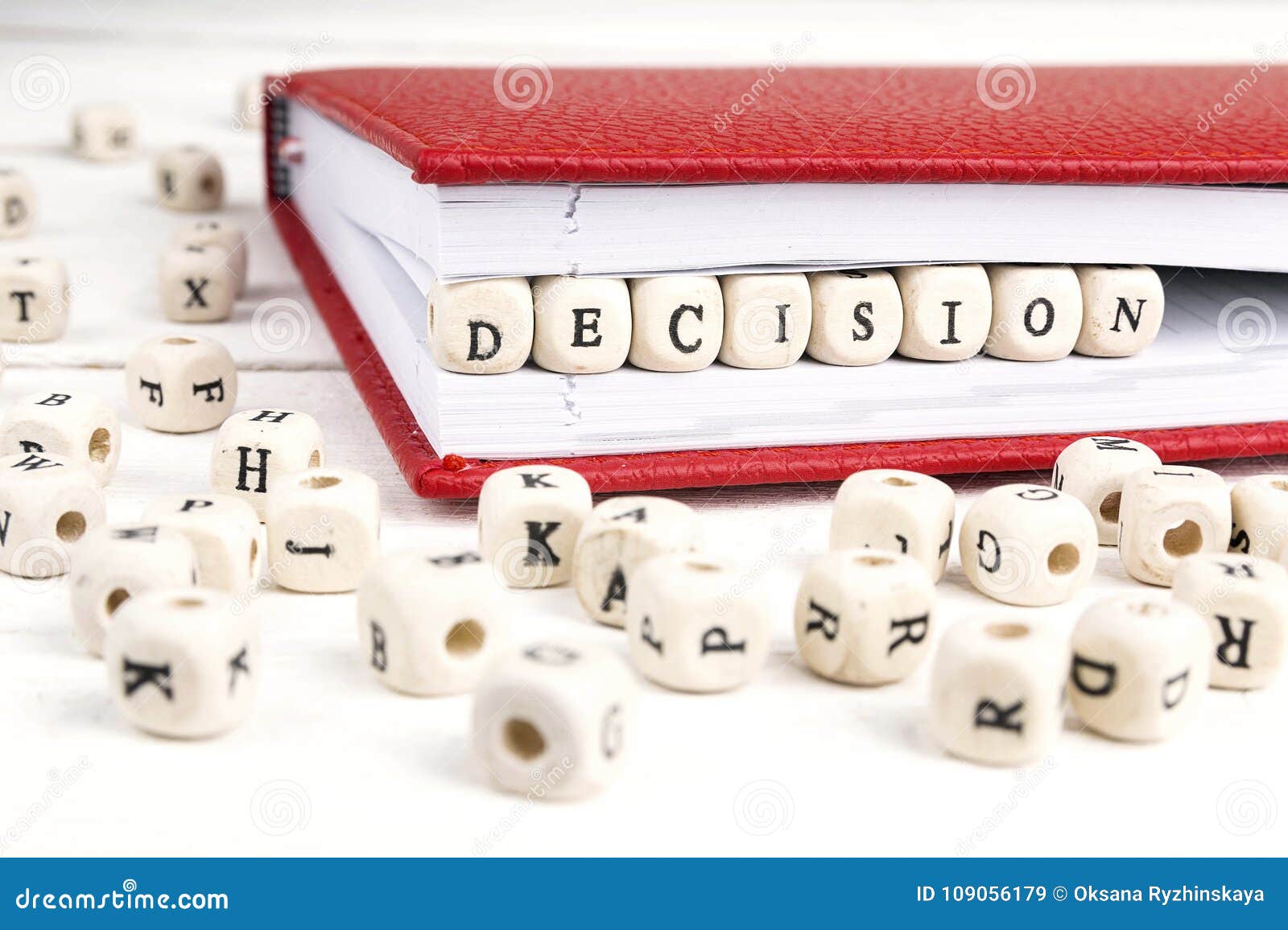 Word Decision Written in Wooden Blocks in Red Notebook on White Stock ...