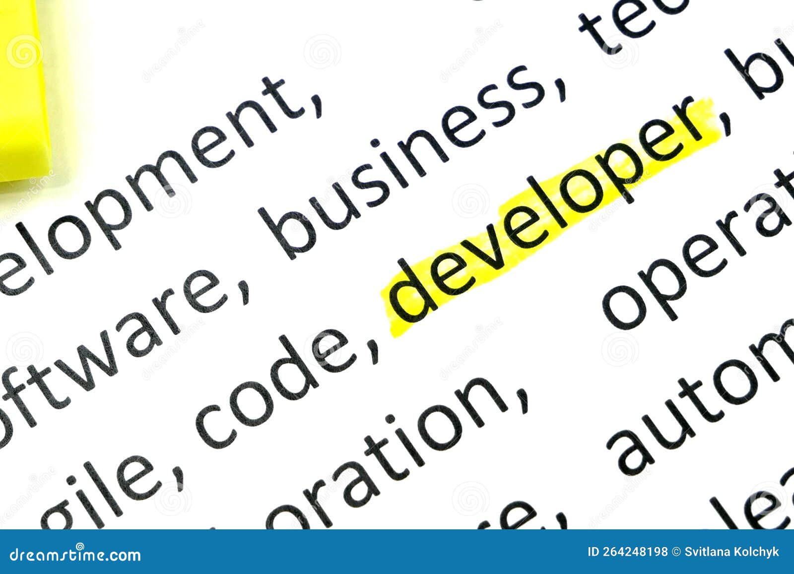 Word Developer Underlnines among Other Words Printed on White Paper ...