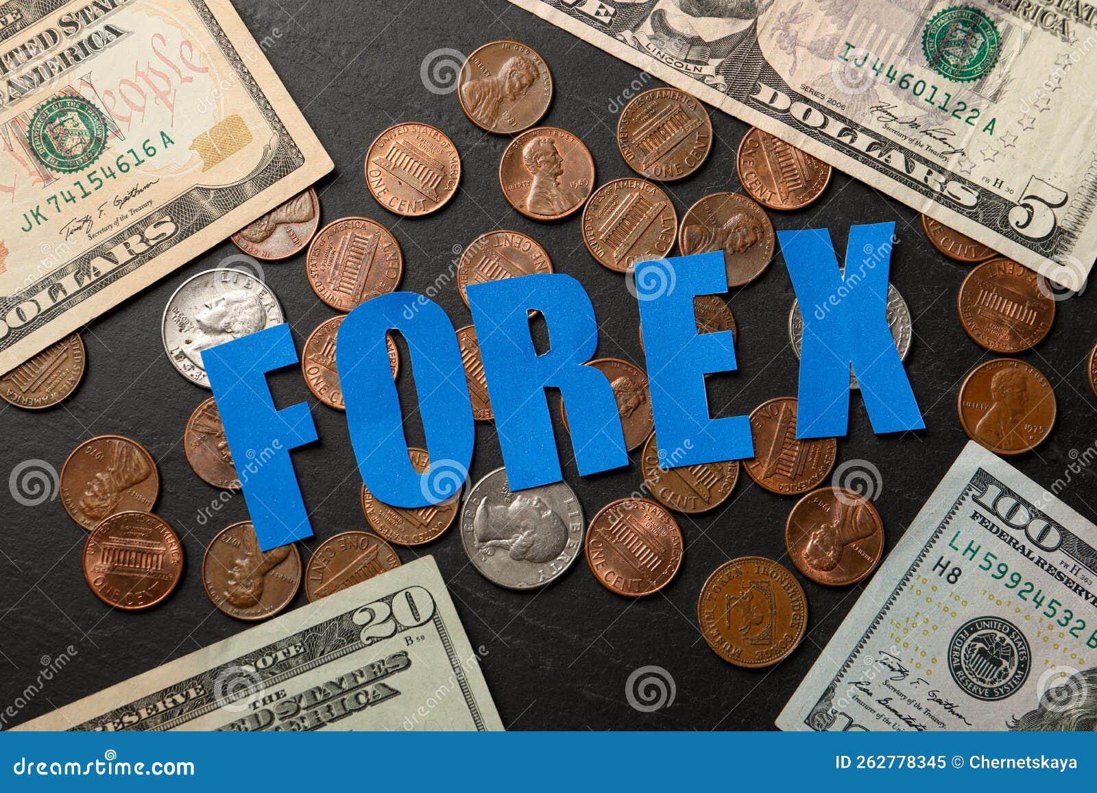 Word Forex Made of Blue Letters with Coins and Banknotes on Black Table ...