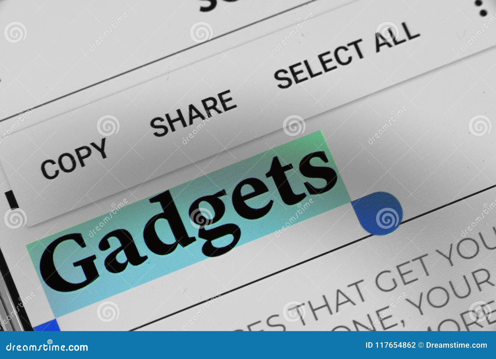 Word `Gadgets` Selected and Highlighted Digitally on Mobile Display ...