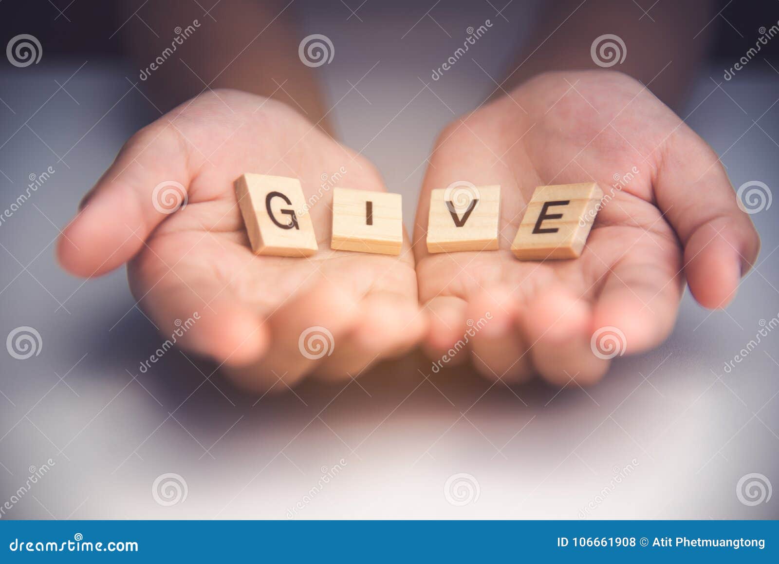 The Word `GIVE` in Hands in Cupped Shape. Concepts of Sharing, Giving ...