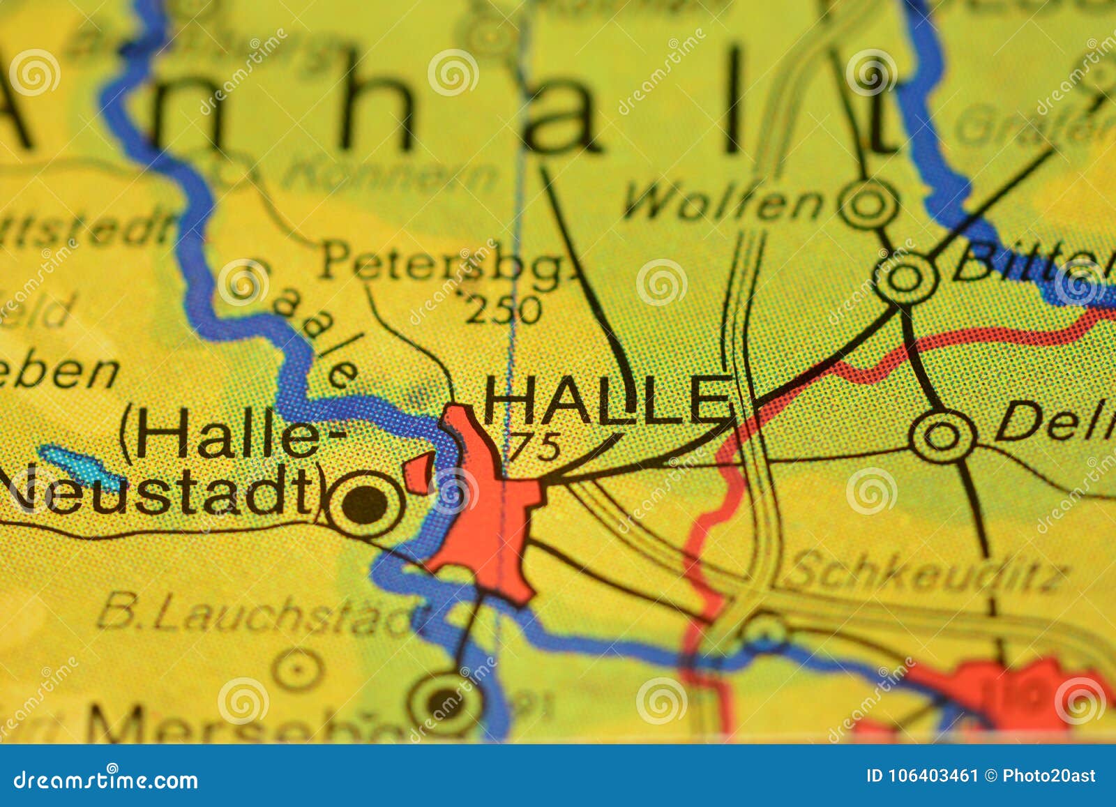 The word HALLE on the map stock image. Image of physical - 106403461