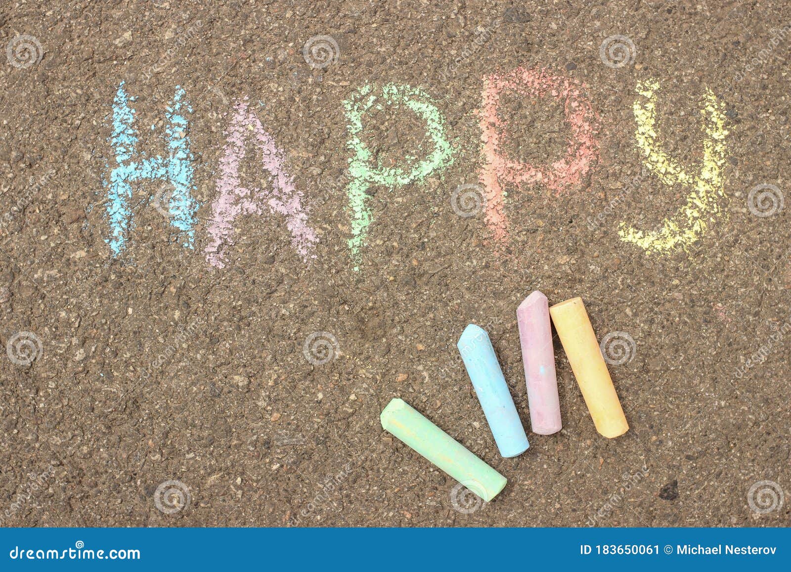 Word Happy Written in Colored Crayons on the Road Stock Image - Image ...