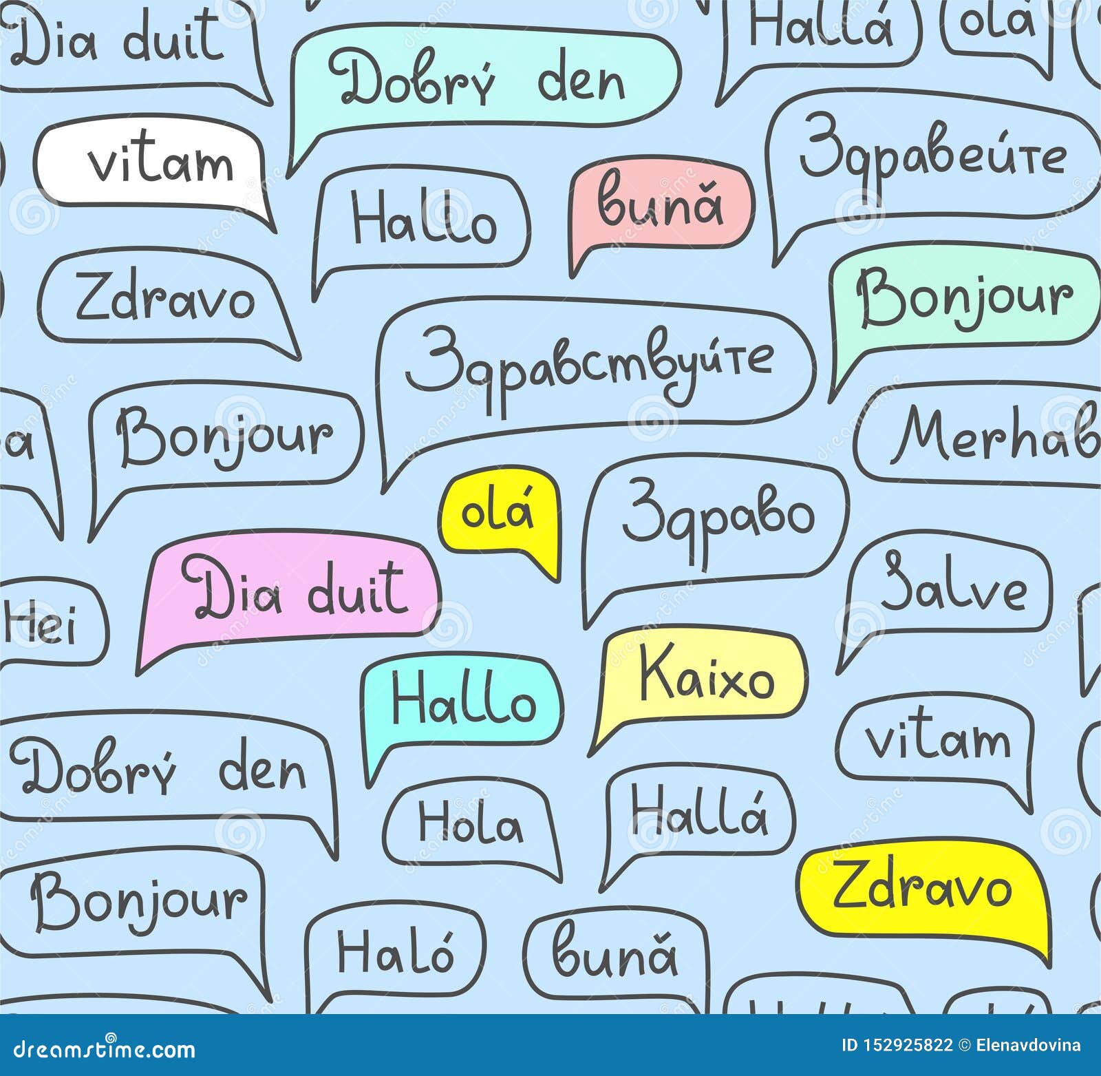 Hello, European Languages, Seamless Pattern, Contour Drawing, Blue ...