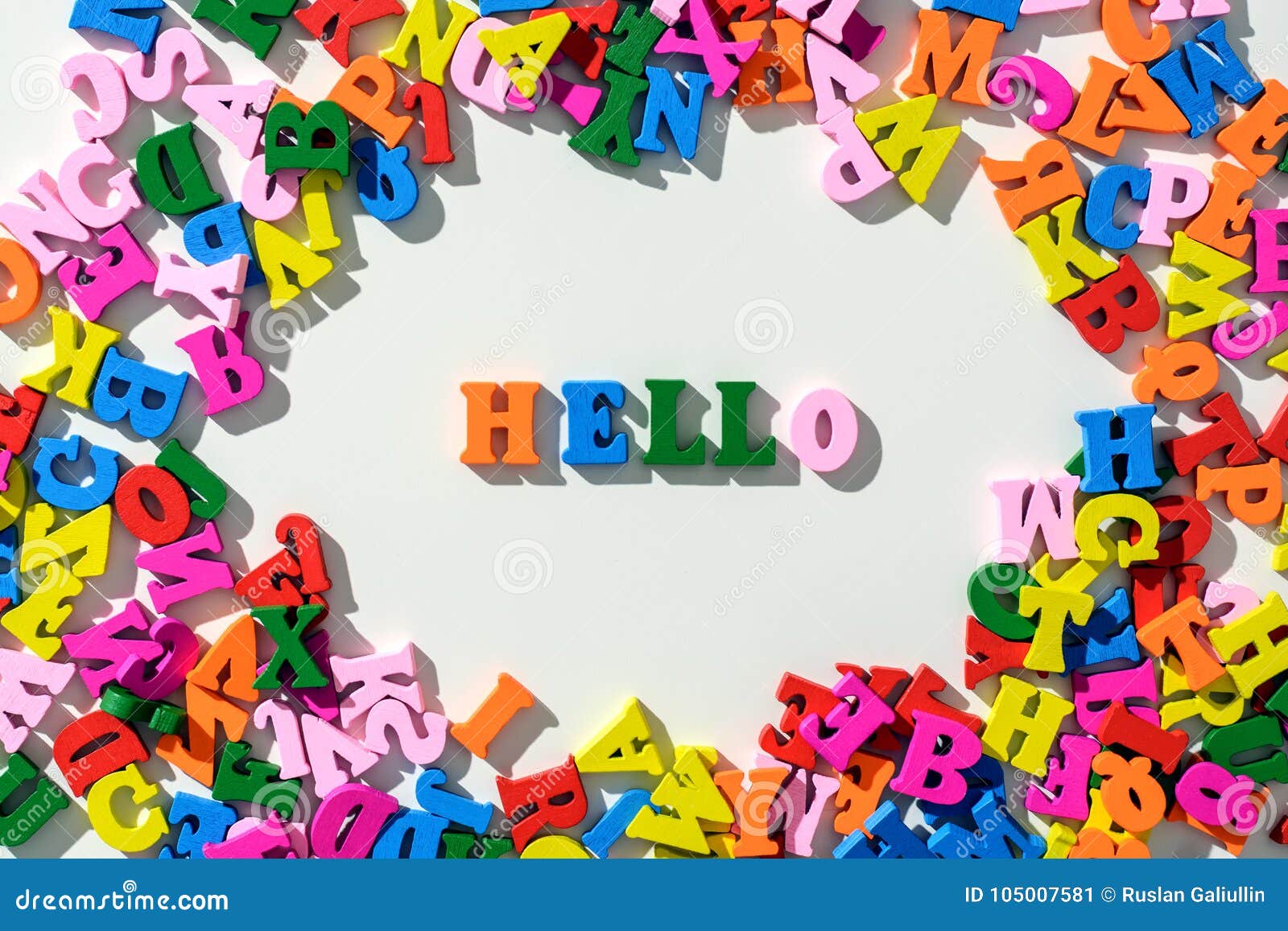 The Word Hello is Lined Colourful Wooden Letters on a White Table with ...