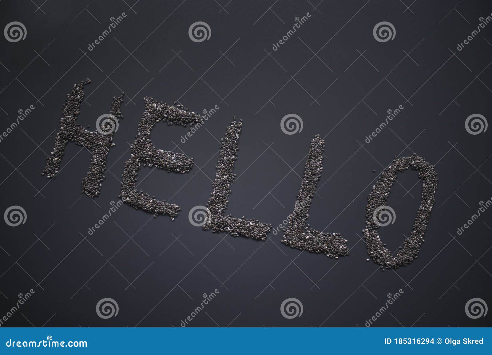 Word `HELLO` Written with Chia Seeds on Gray Background, Top View, Copy ...