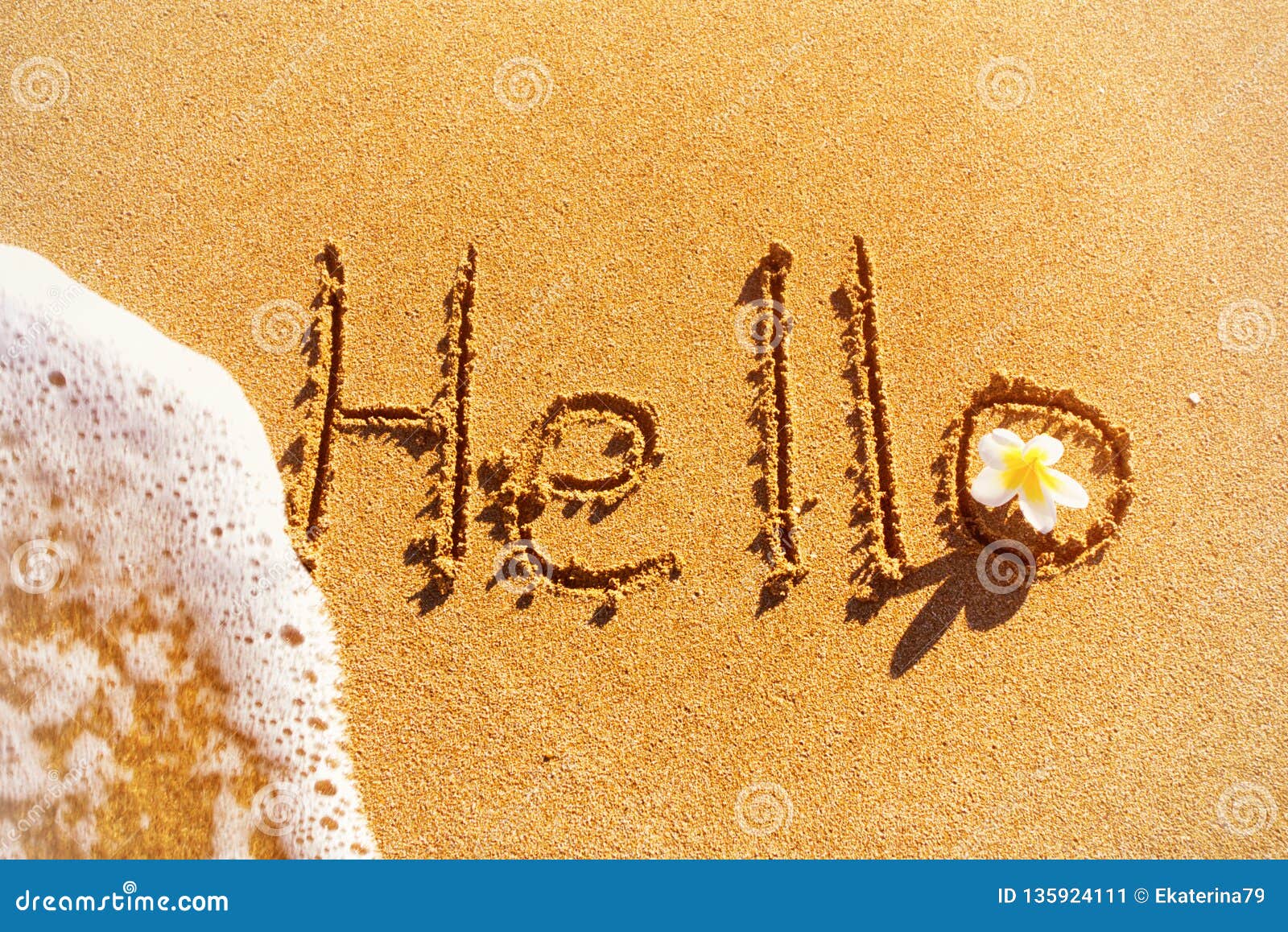 Word Hello written on sand stock image. Image of word - 135924111