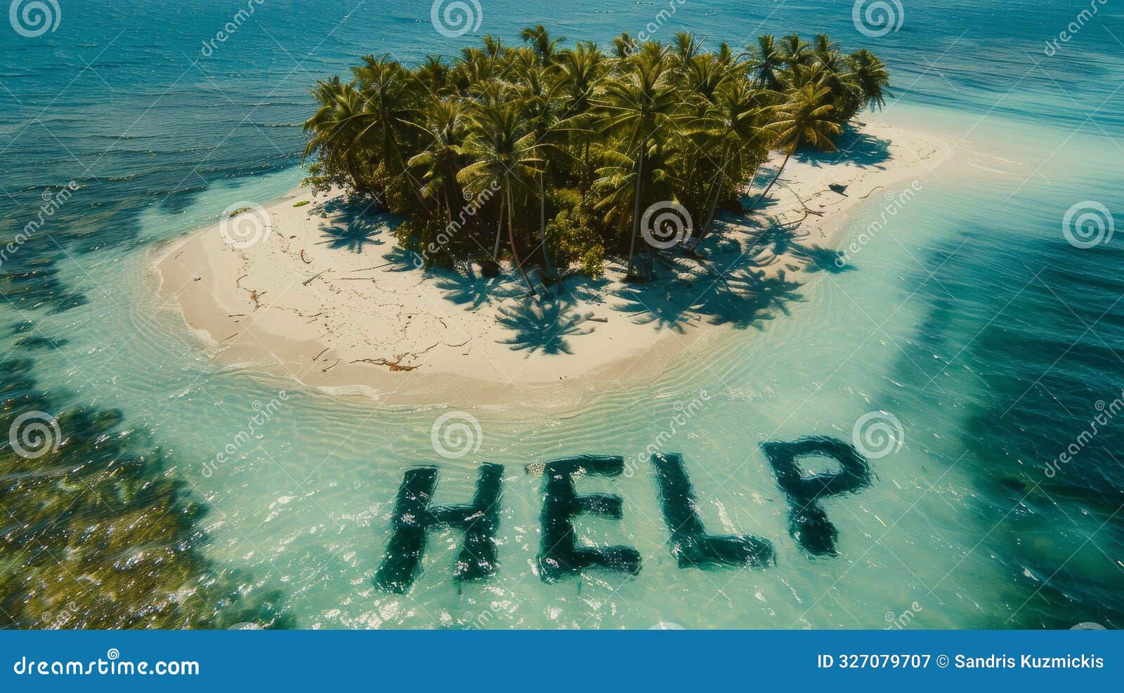 The Word HELP Written in the Sand on an Island with Palm Trees ...