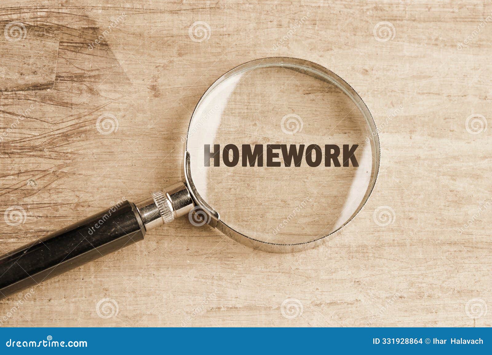 Word HOMEWORK through a Magnifying Glass on Papyrus. View from Above ...