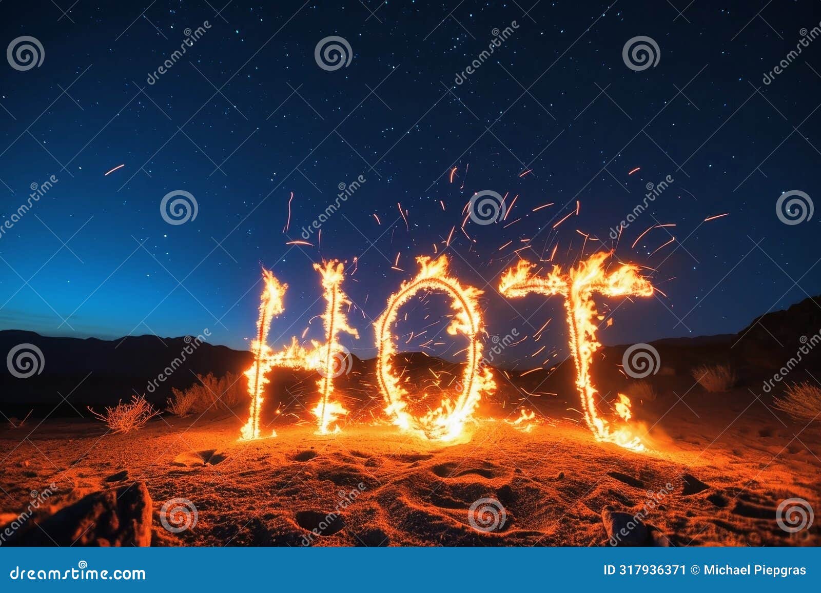 The Word Hot Written with Fire in the Night Sky Stock Illustration ...