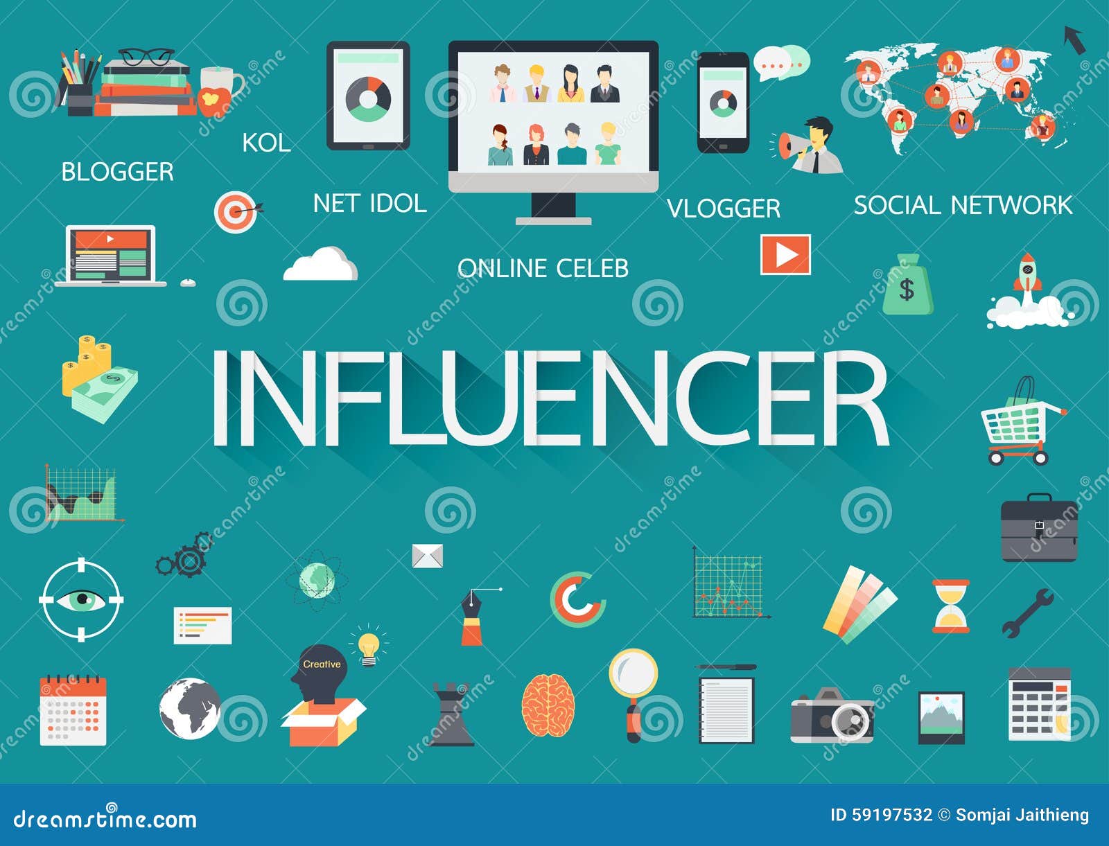 Word Influencer With Involved Flat Icons Around. Vector Illustration ...