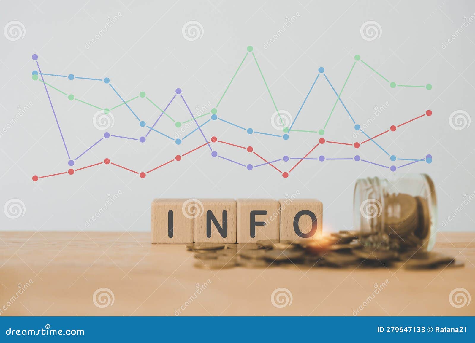 Info Text Written on a Wooden Cubes Structure with Blurred Coins and ...