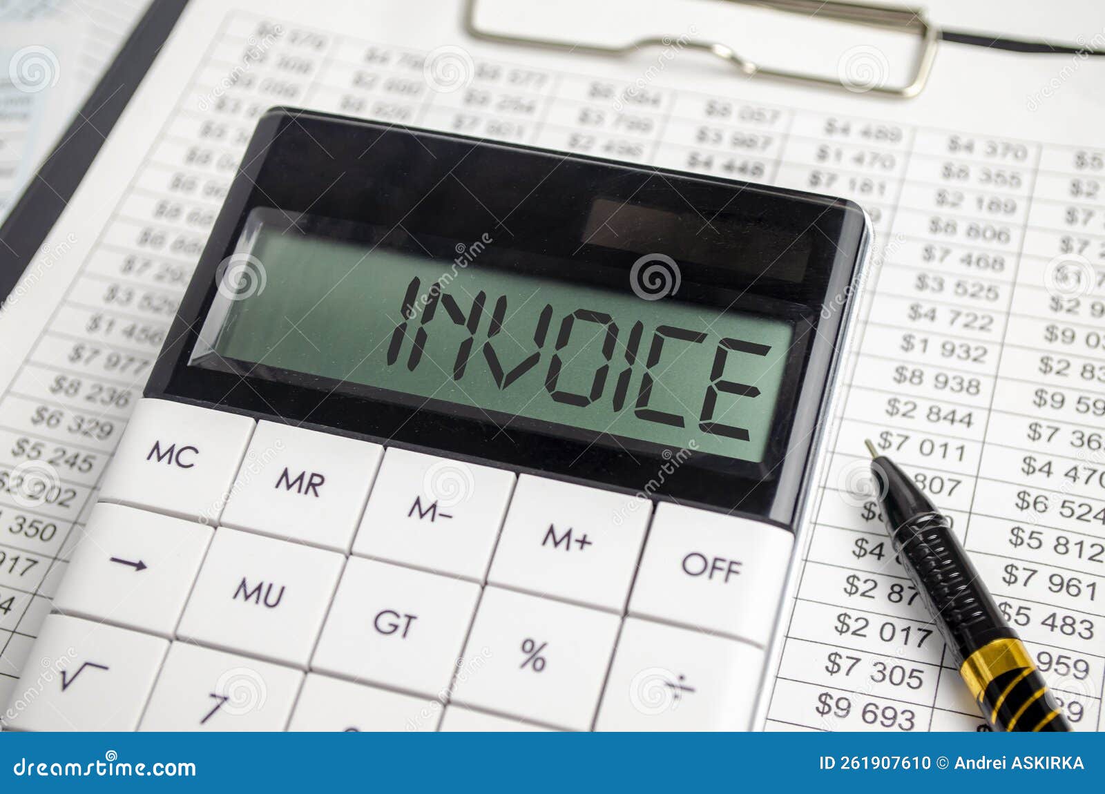 Word Invoice on Calculator Display with Charts and Pen Stock Photo ...