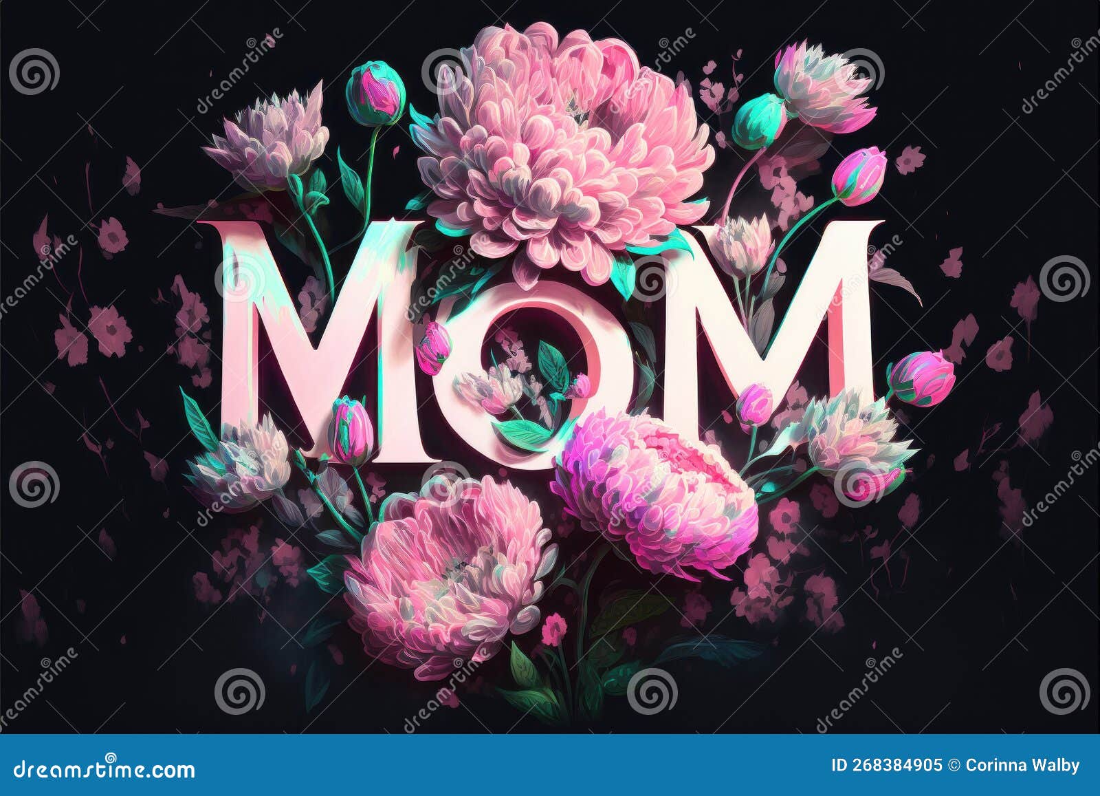 The Word MOM with Pink Flowers and Dark Background. Stock Illustration ...