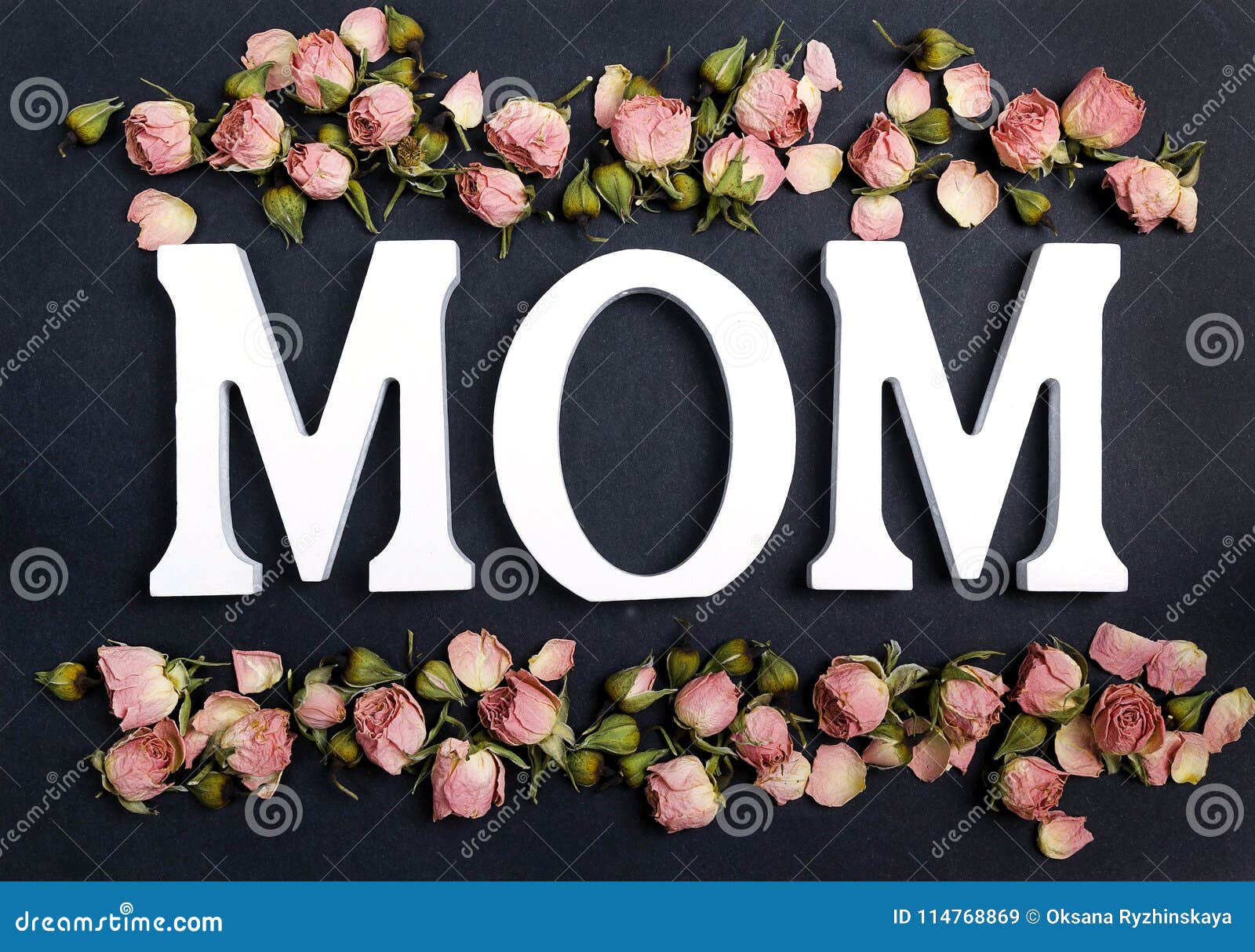 Word Mom With Small Pink Roses On Black Background Stock Image Image