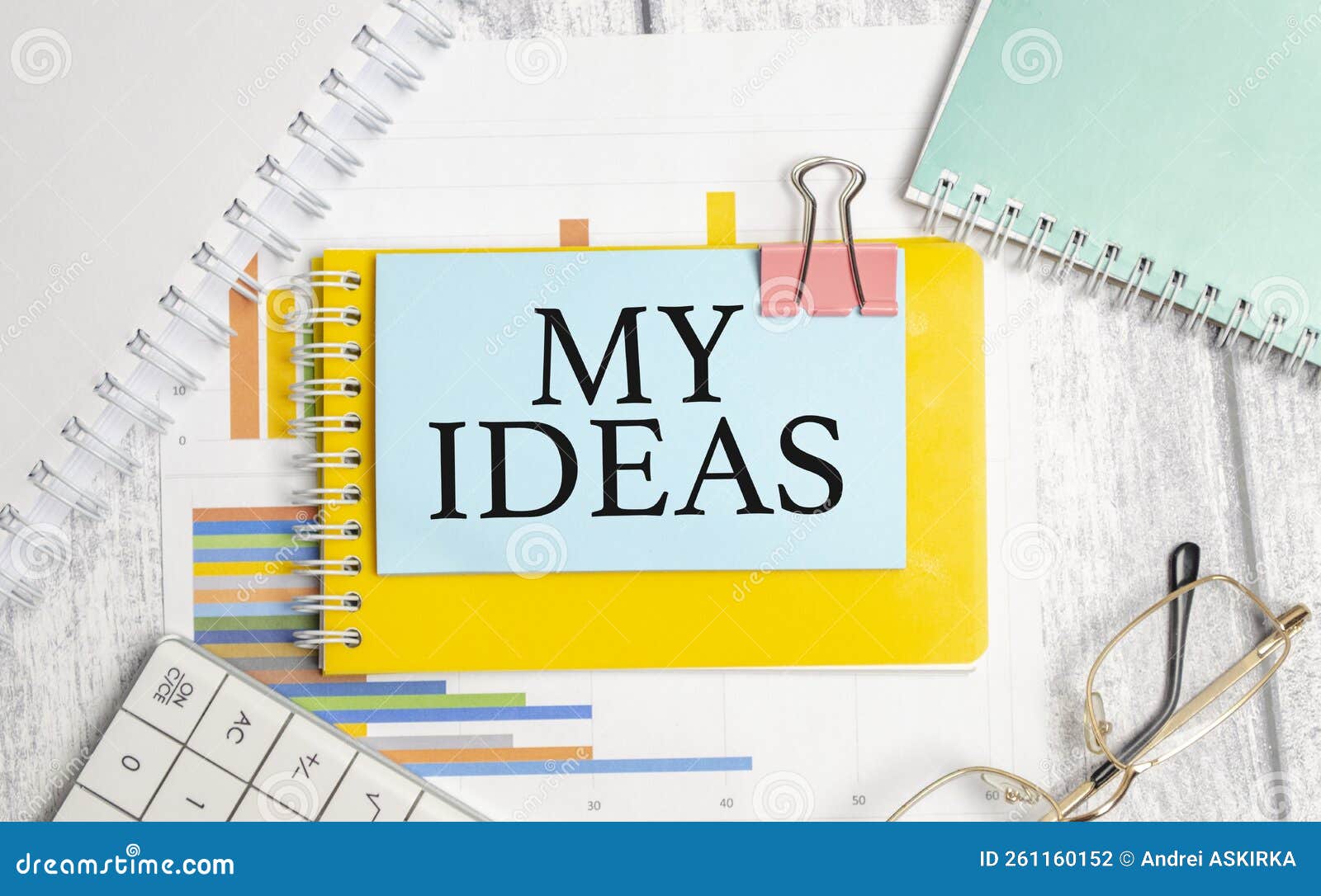 Word My Ideas on Blue Sticker with Charts and Glasses Stock Photo ...