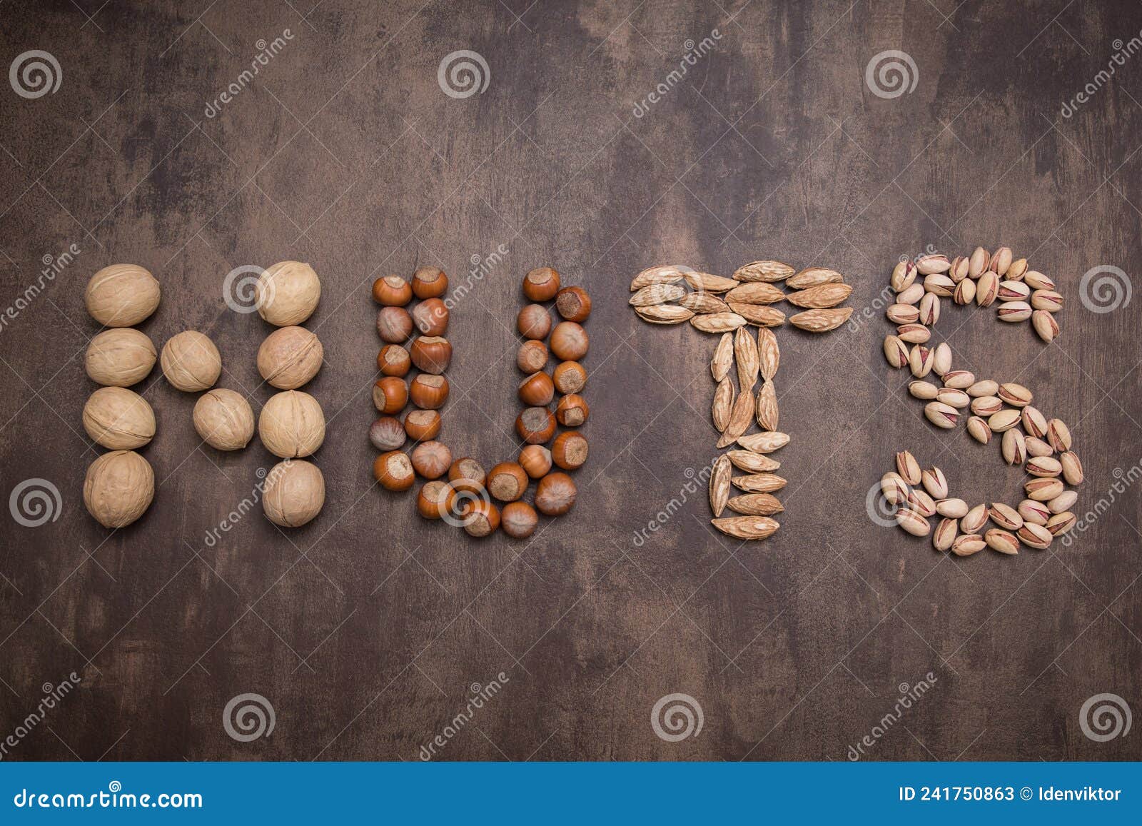 Word NUTS from Different Type of Nut. Walnut, Hazelnut, Almond ...