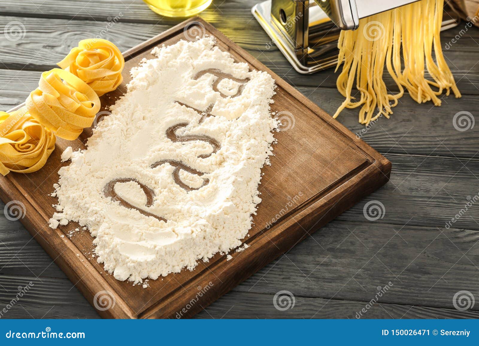 Word PASTA Written with Flour on Wooden Board Stock Image - Image of ...