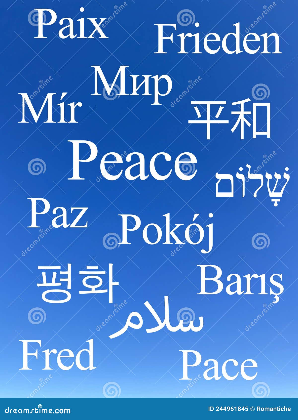 Word Peace in Several Languages on Blue Sky Stock Illustration ...