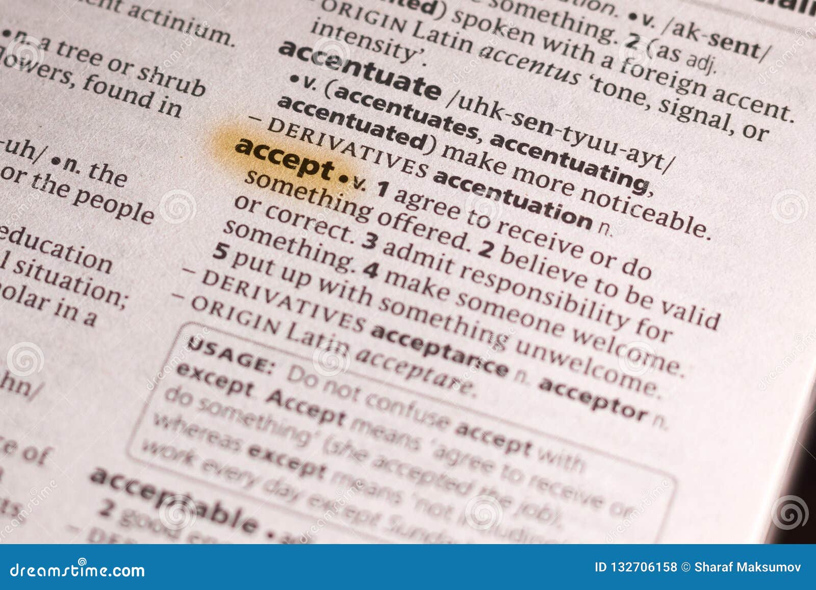 The Word or Phrase Accept in a Dictionary Stock Photo - Image of white ...