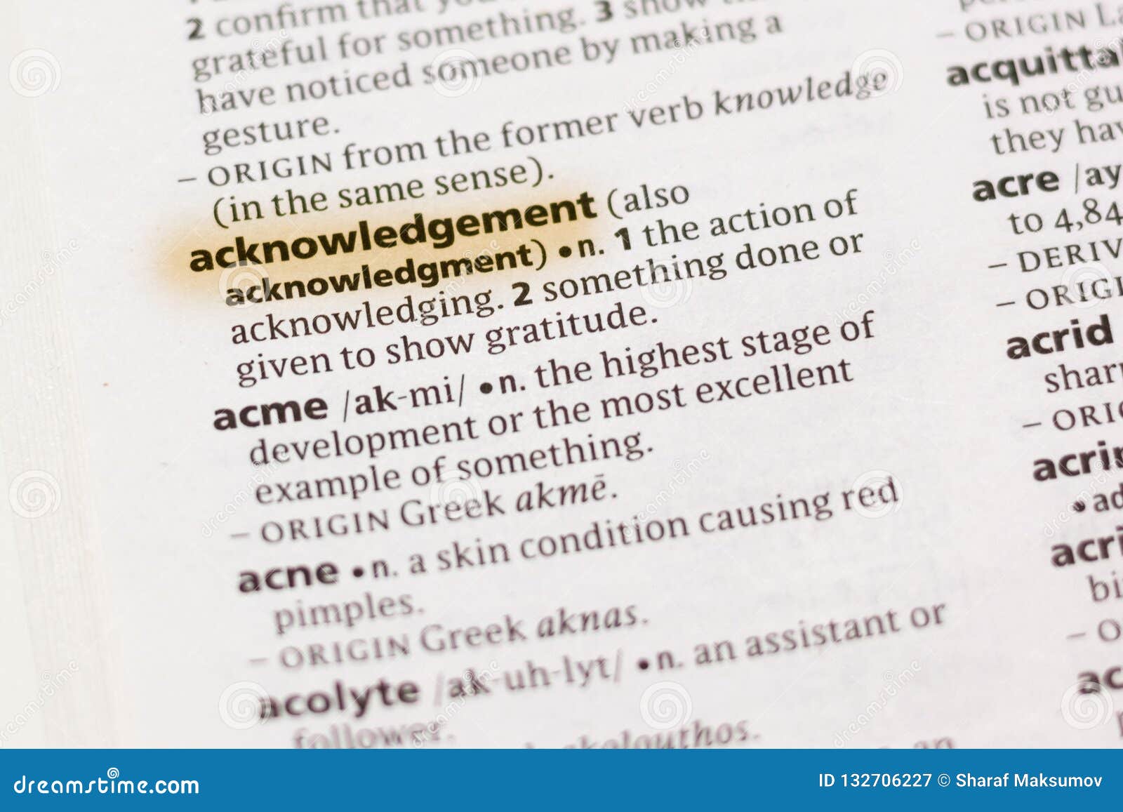 The Word or Phrase Acknowledgement in a Dictionary Stock Image - Image ...