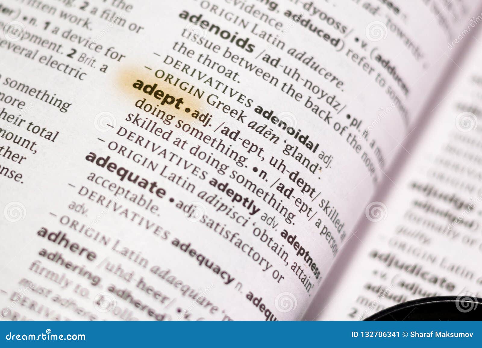 The Word or Phrase Adept in a Dictionary Stock Image - Image of page ...