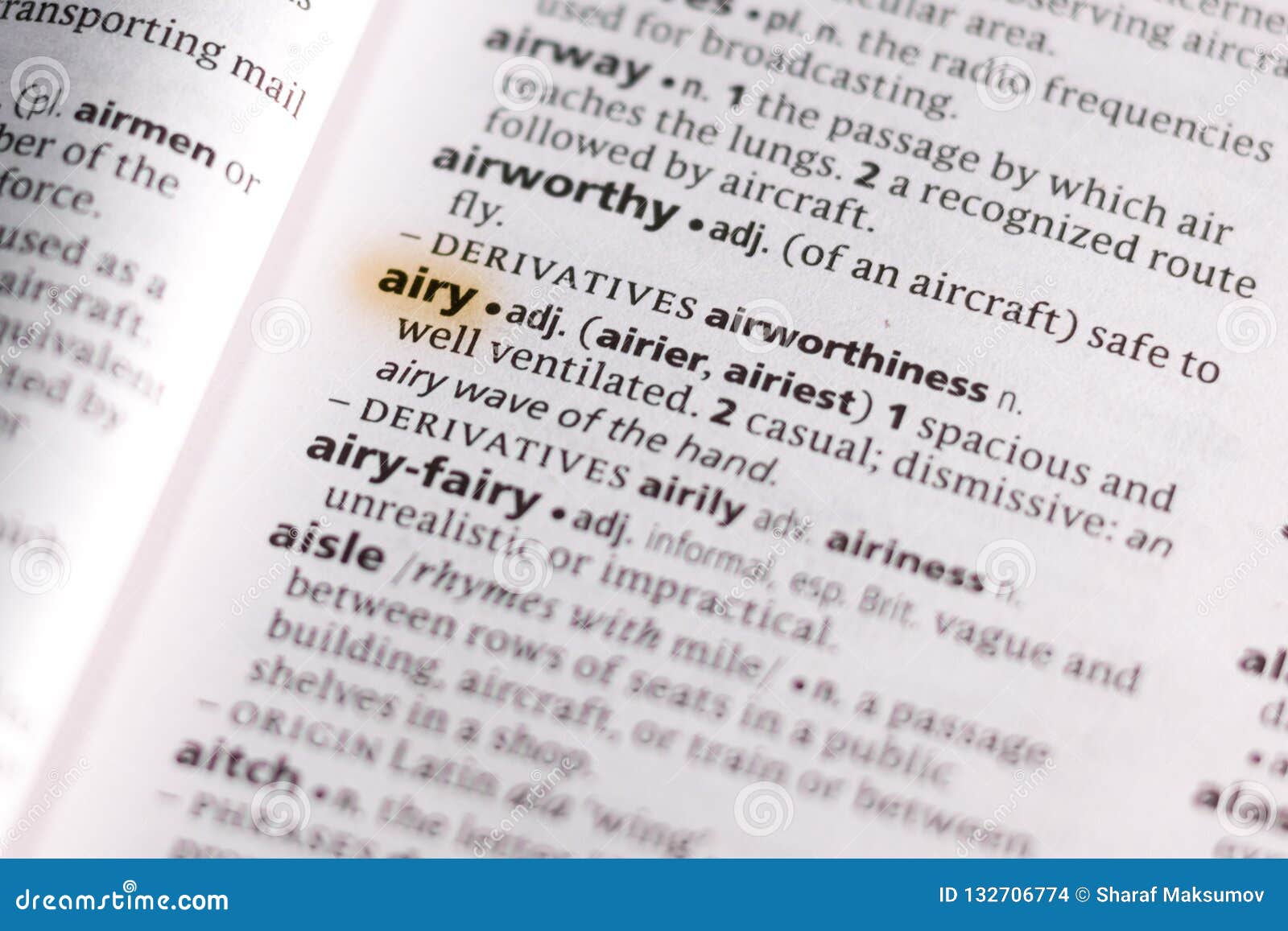 The Word or Phrase Airy in a Dictionary Stock Photo - Image of paper ...