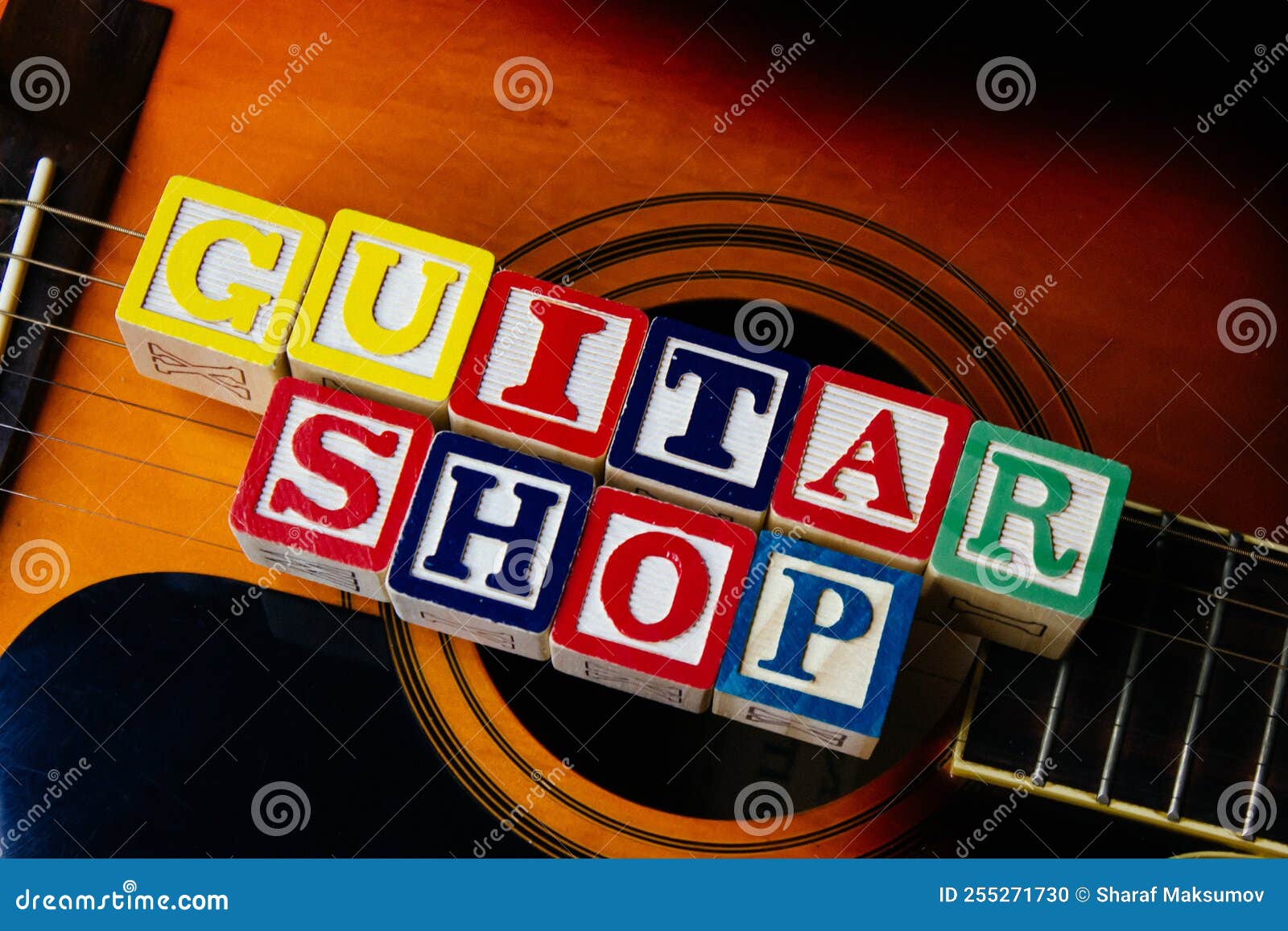 Word or Phrase Guitar Shop Made with Letter Cubes, Standing on Guitar ...