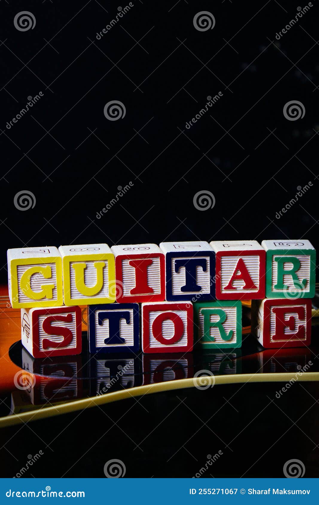 Word or Phrase Guitar Store Made with Letter Cubes, Standing on Guitar ...