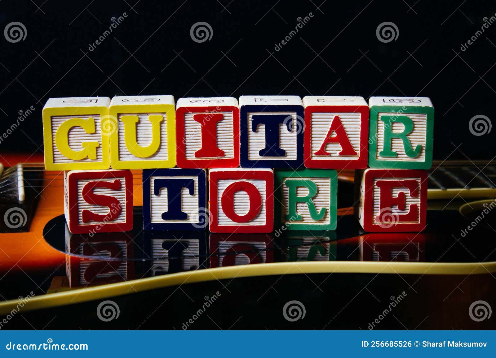 Word or Phrase Guitar Store Made with Letter Cubes, Standing on Guitar ...