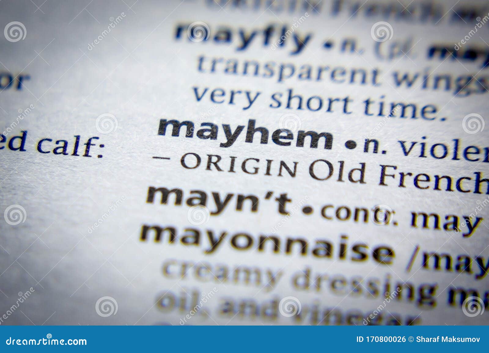 Word or Phrase Mayhem in a Dictionary Stock Photo - Image of magnifying ...