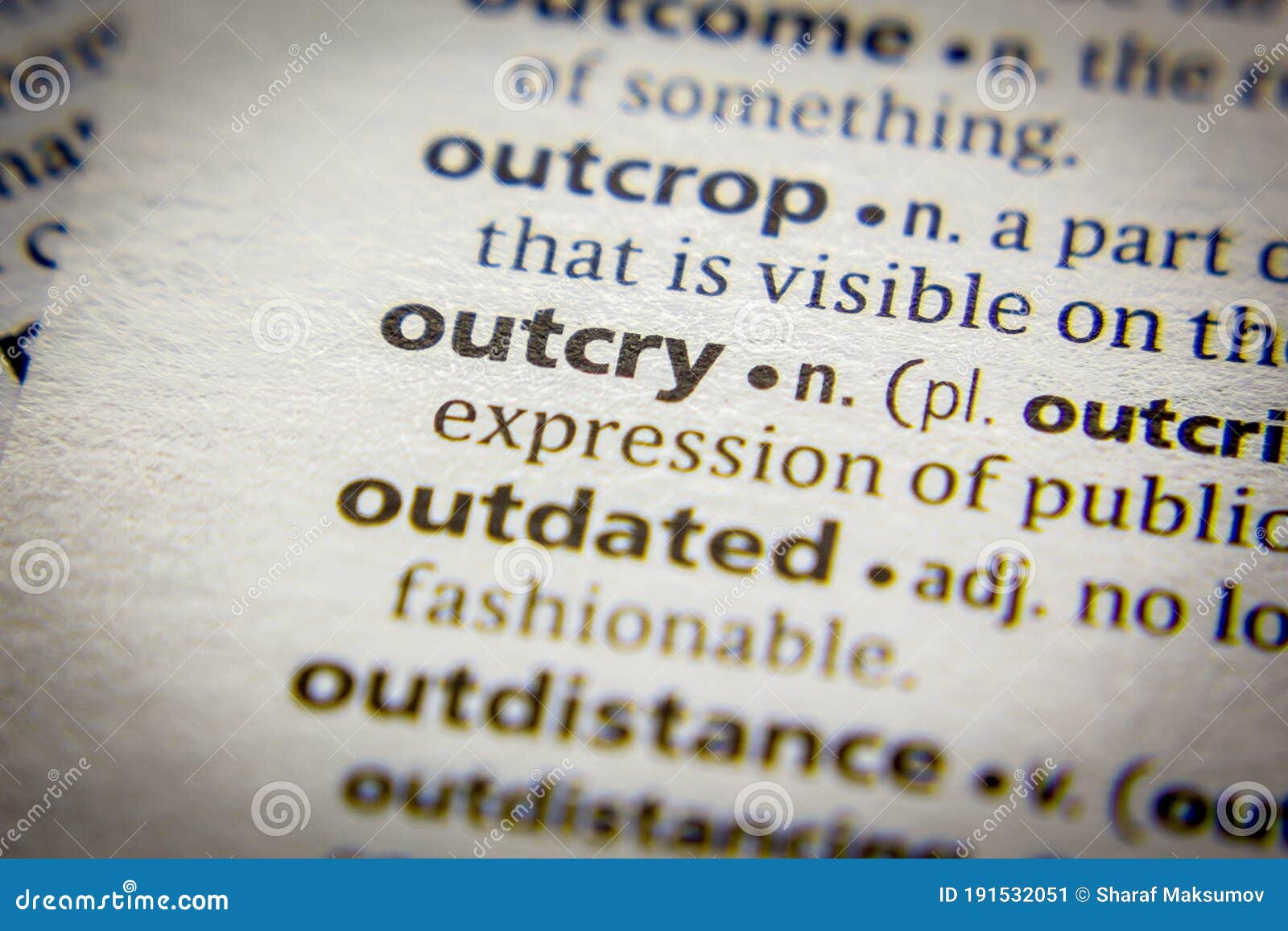 Word or Phrase Outcry in a Dictionary. Stock Image - Image of outcry ...