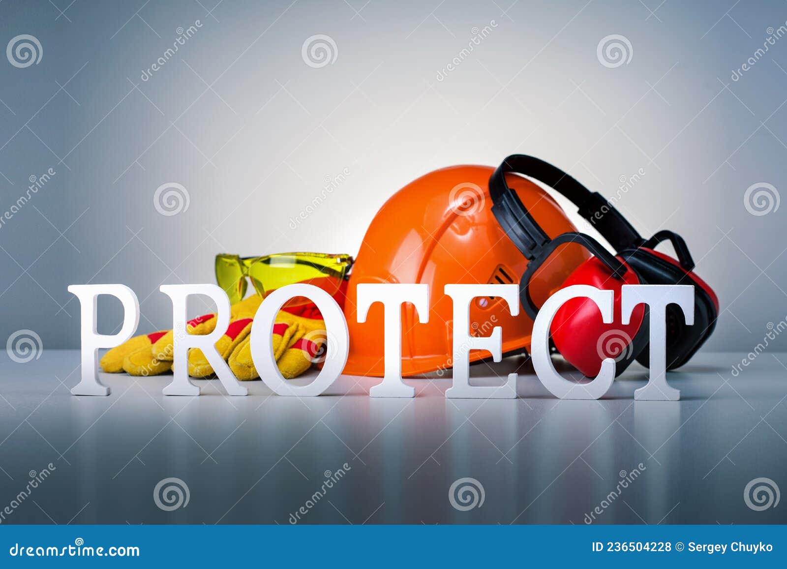 Word PROTECT and Protective Equipment on Grey Surface. Stock Photo ...