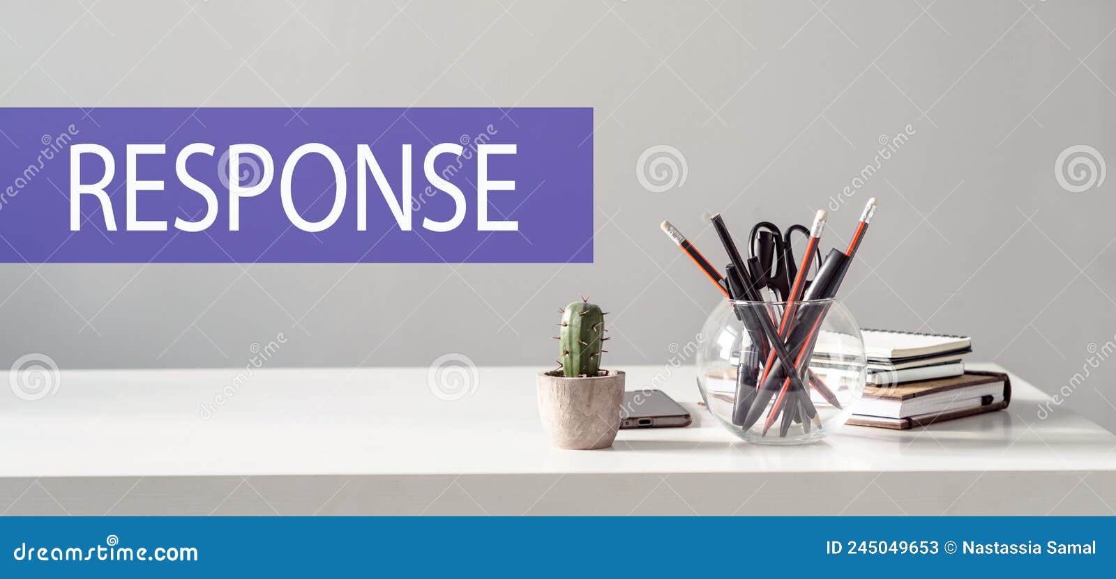 Word RESPONSE in a Violet Strip on White Table with Office Tools Stock ...