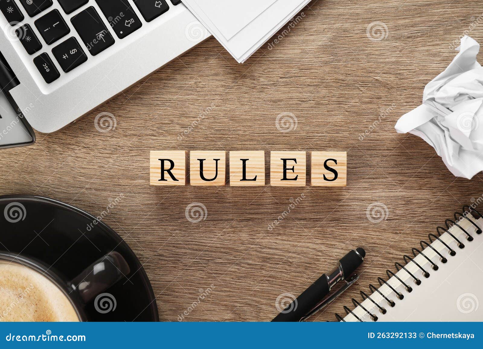Word Rules Made of Cubes with Letters on Wooden Table, Flat Lay Stock ...