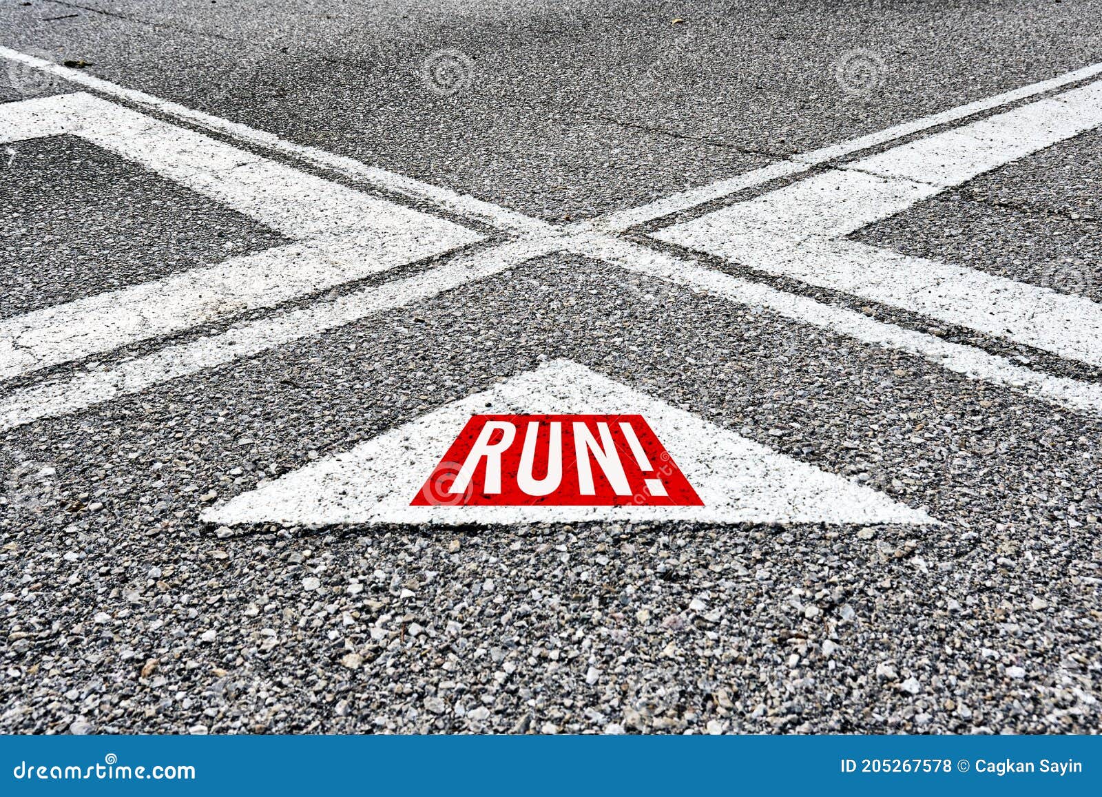 The Word Run Written on Asphalt Surface with Direction Arrow Stock ...