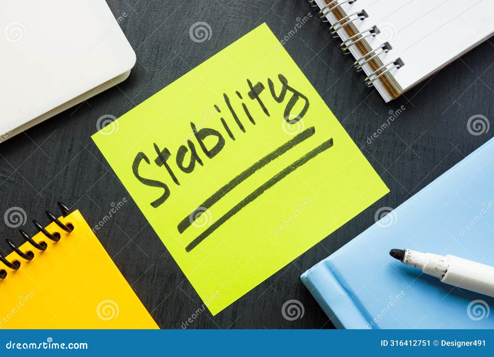Word Stability on Sticker among Office Items. Stock Image - Image of ...