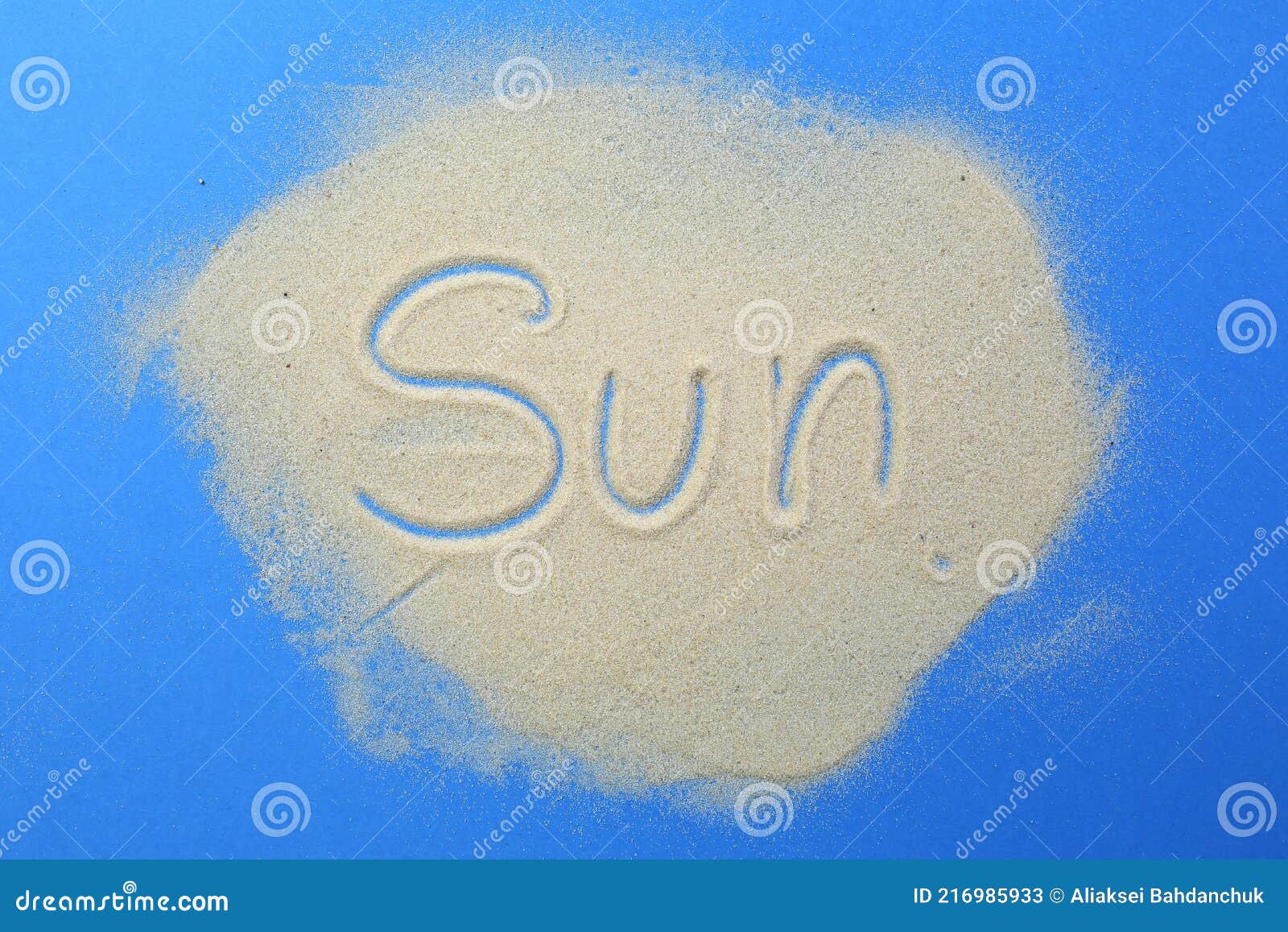 The Word Sun is Written in the Sand on a Blue Background. Stock Image ...