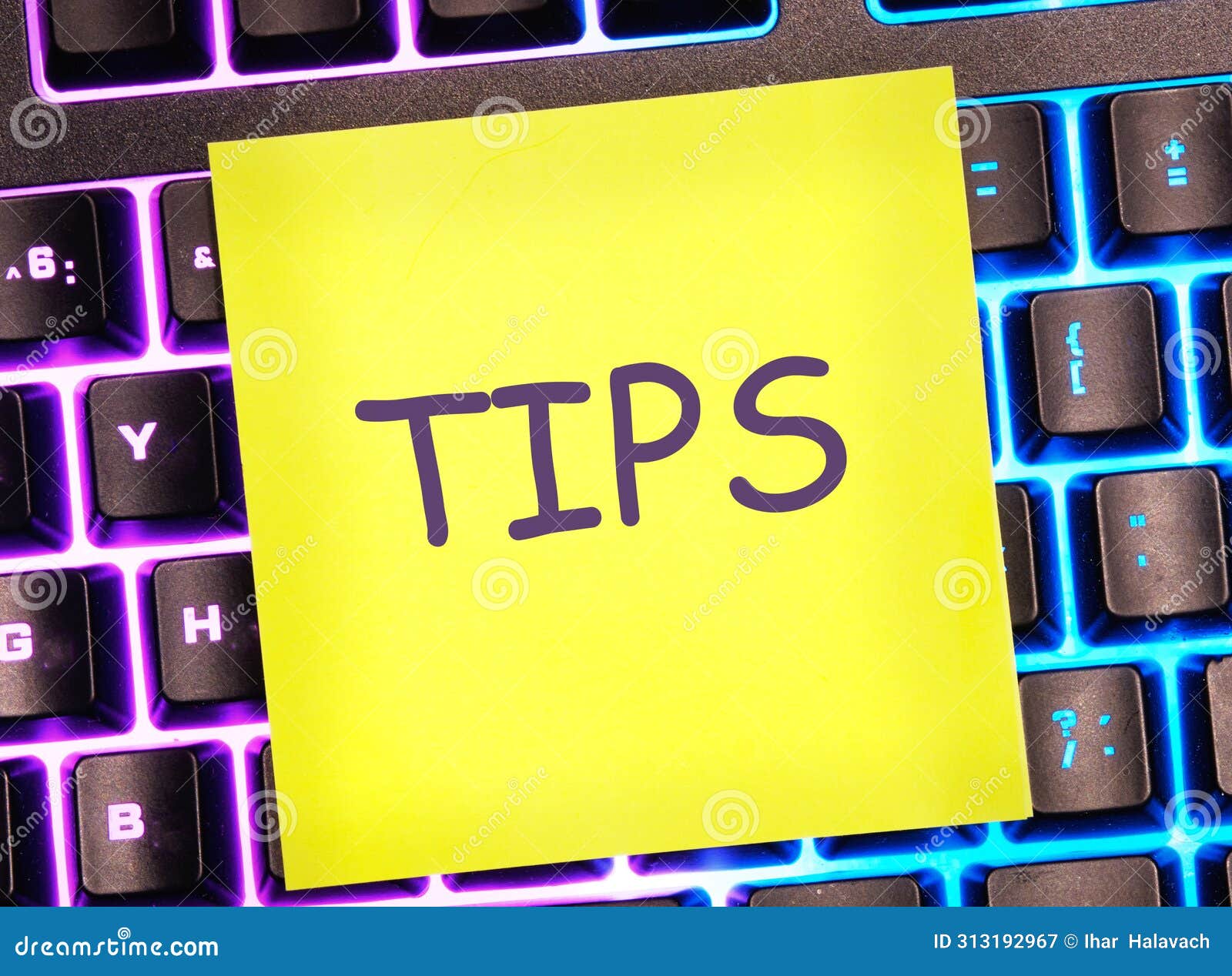 A Word TIPS on a Yellow Sticker on a Colored Backlit Keyboard Stock ...