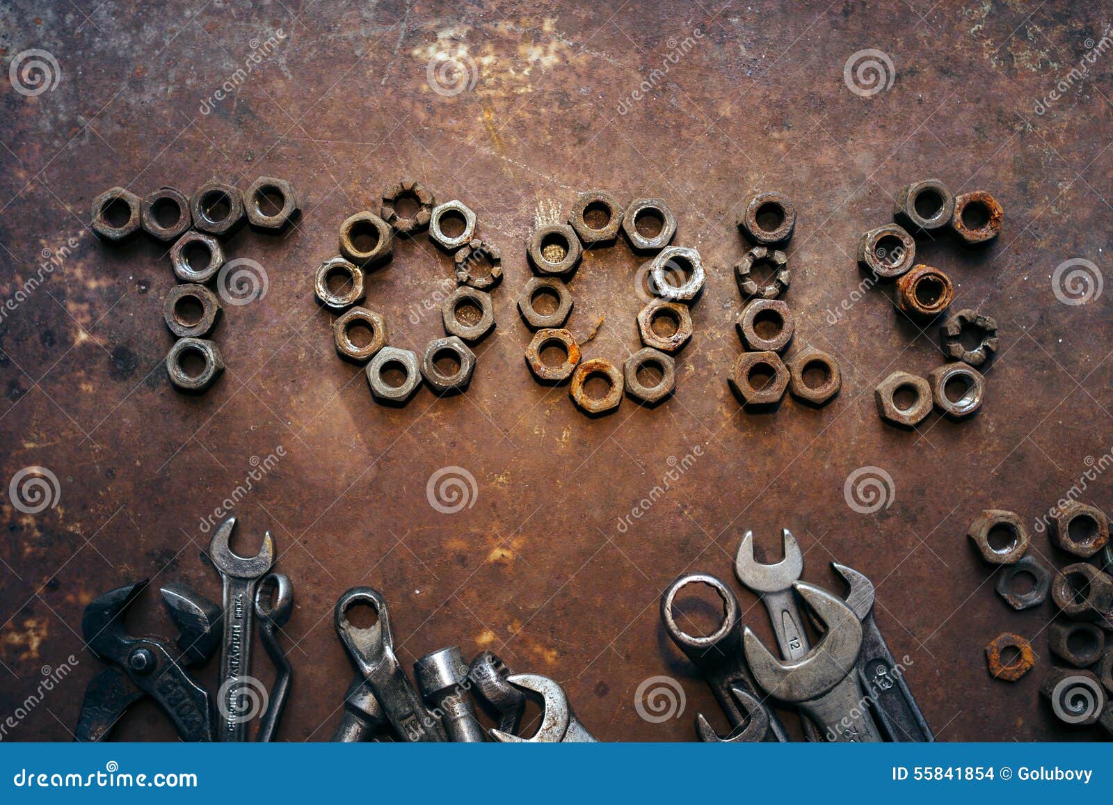 The Word Tools Written by Nuts and a Set of Wrenches Stock Photo ...