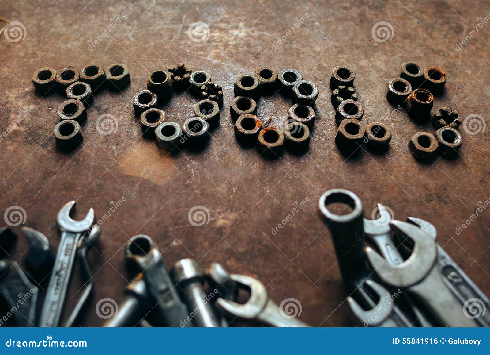 The Word Tools Written by Nuts and a Set of Wrenches Stock Photo ...