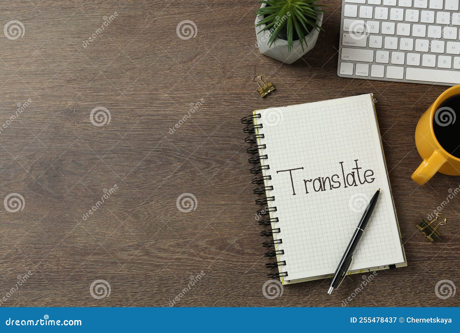 Word Translate Written in Notebook on Wooden Table, Flat Lay. Space for ...